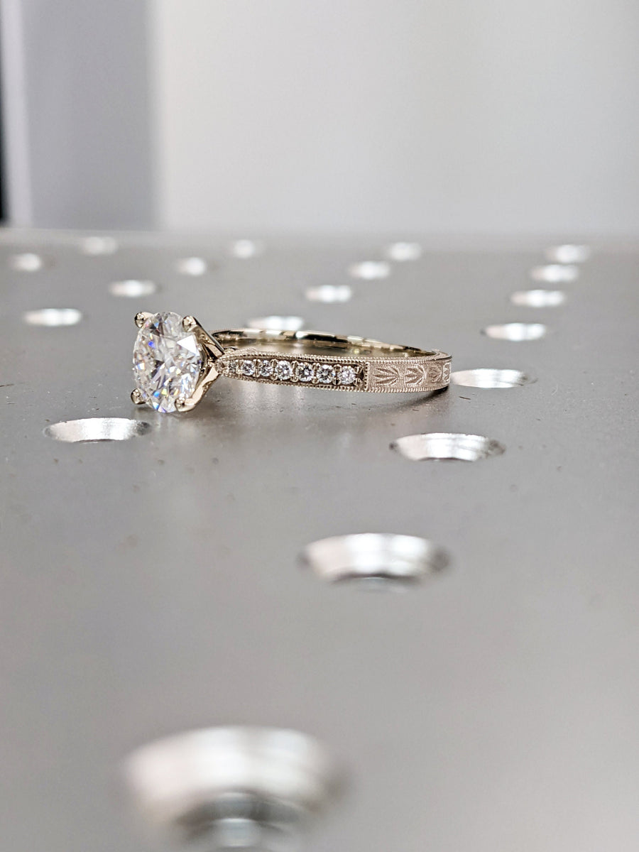 Vintage Engagement Ring 14k gold hand engraved ring, moissanite engage – Braverman Oren