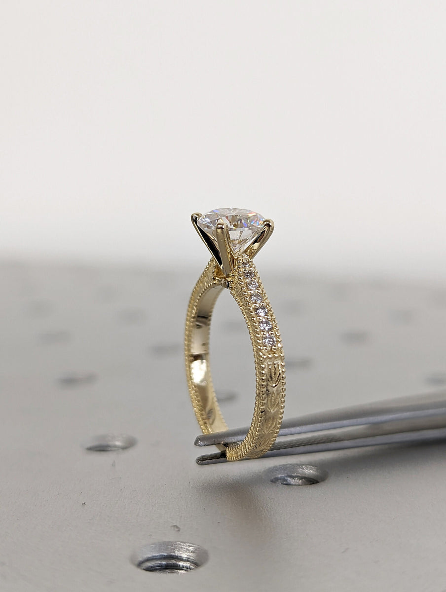 Vintage Engagement Ring 14k gold hand engraved ring, moissanite engage – Braverman Oren