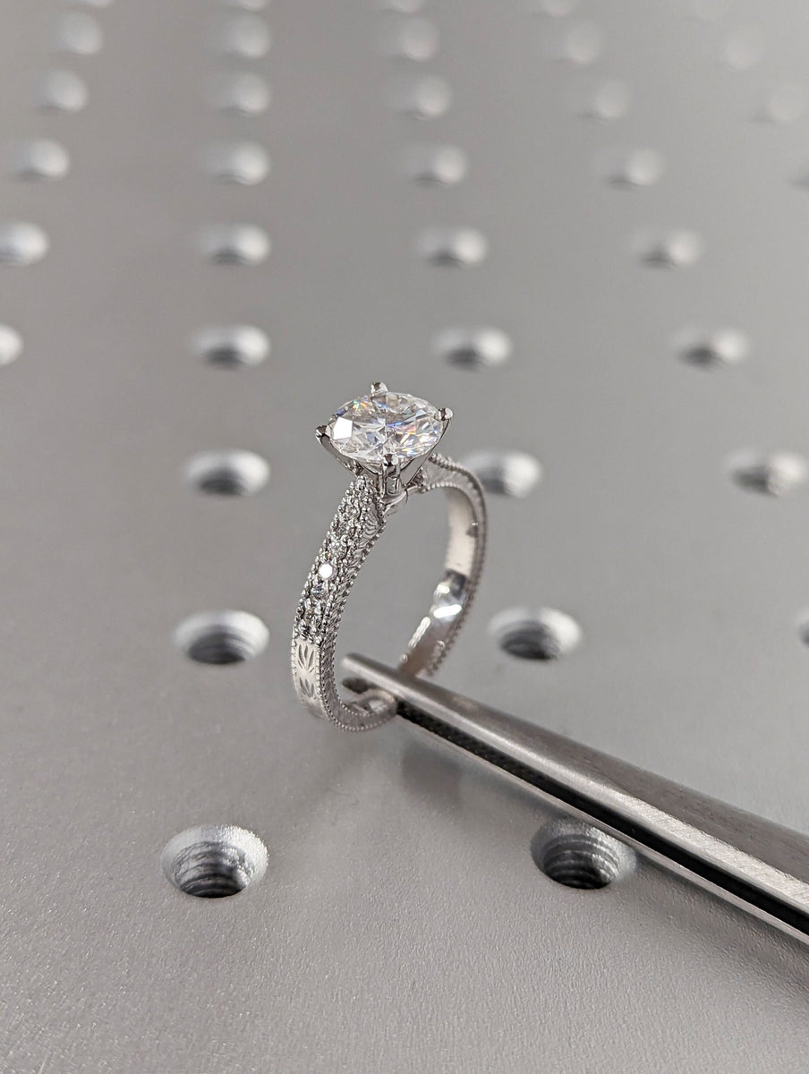 Vintage Engagement Ring 14k gold hand engraved ring, moissanite engage – Braverman Oren