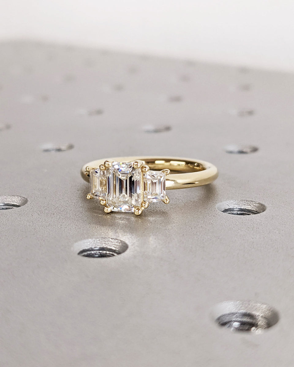 Three Stone Emerald Cut Moissanite Engagement Ring, Side Trapezoid Moi ...