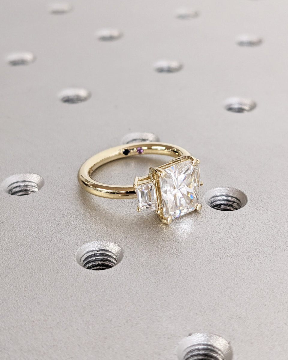 Three Stone Radiant Cut Moissanite Engagement Ring, Side Trapezoid Moi ...
