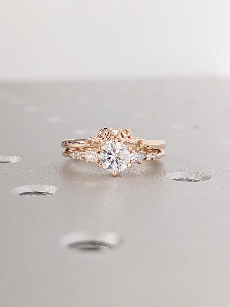 Vintage Round cut Moissanite Engagement Ring Set | Delicate 14K Rose G ...