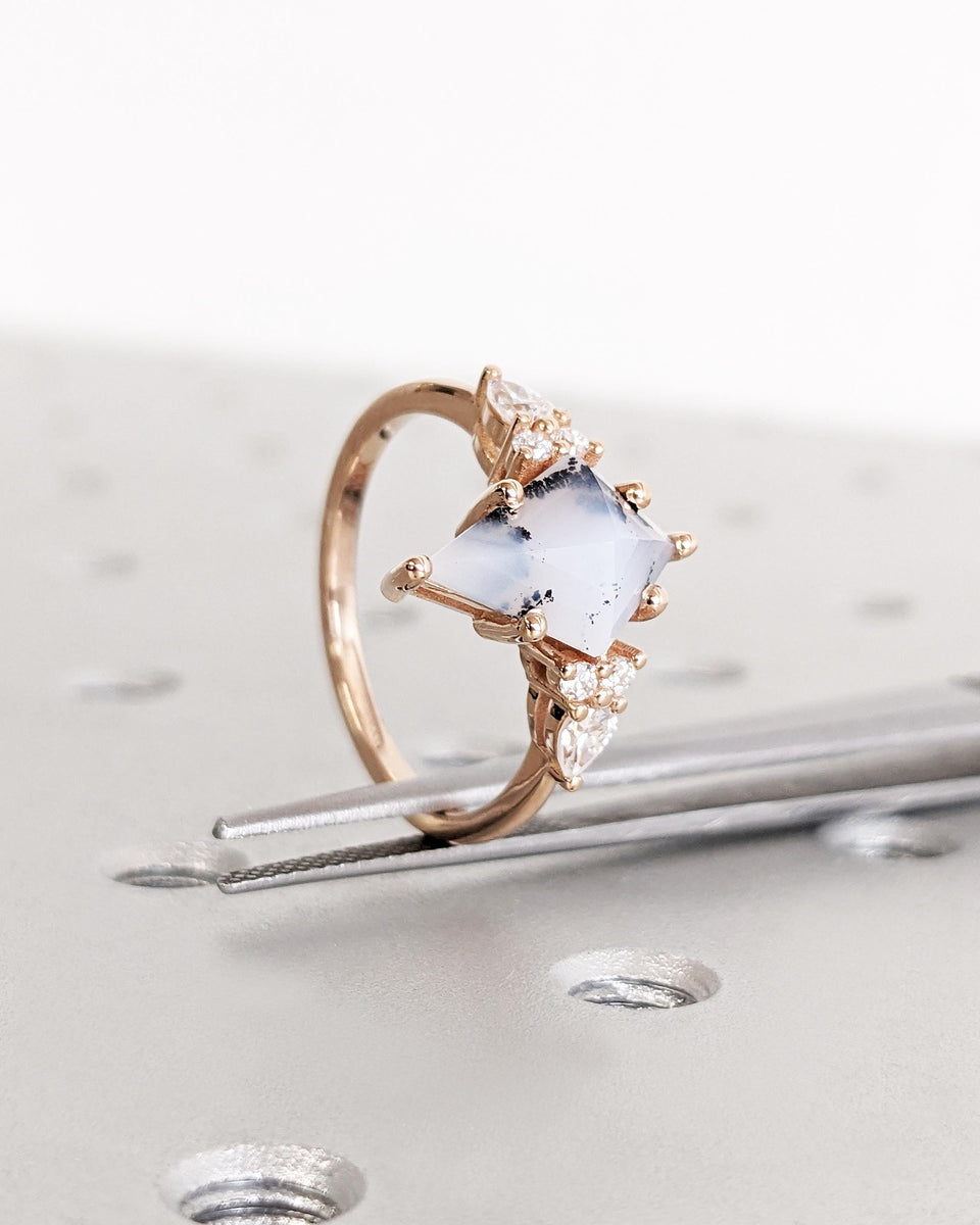 Kite Cut Green Moss Agate Engagement Ring | Unique Natural Green White ...