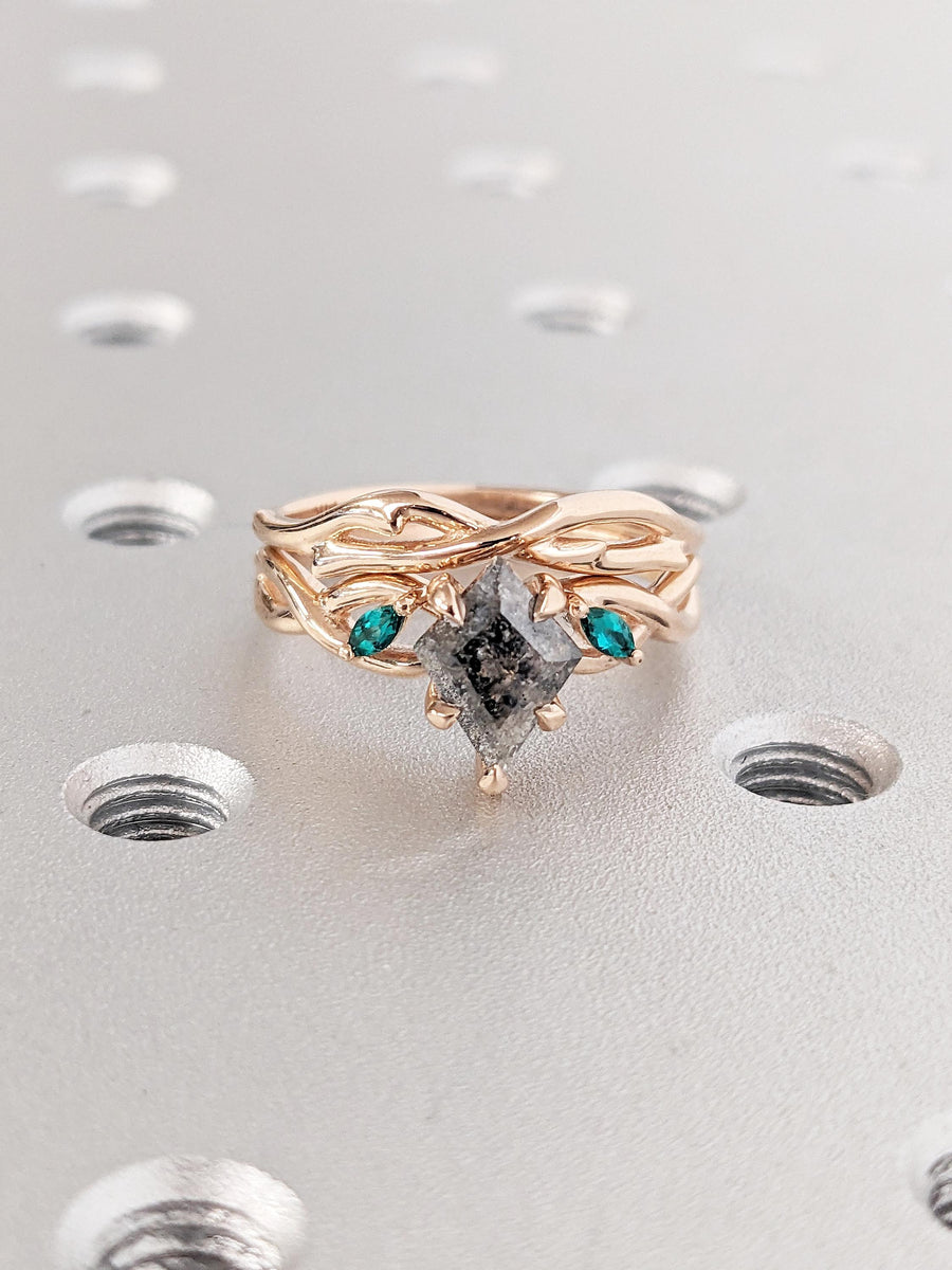 Twig Engagement Ring Set, Kite Cut Salt and Pepper Diamond Ring, 14k R ...