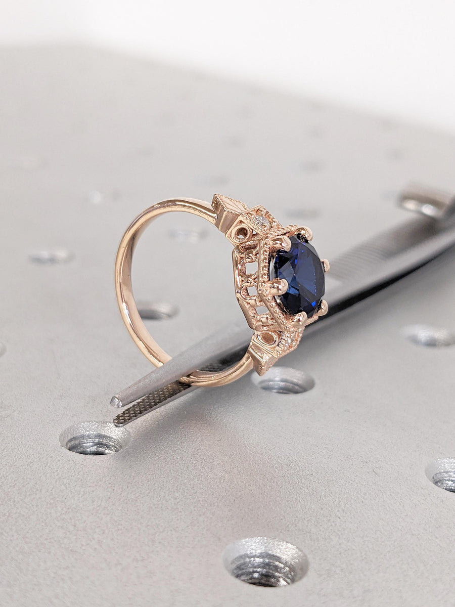 14k Rose Gold Wedding Ring, Lab Sapphire Ring, Milgrain Blue Sapphire ...