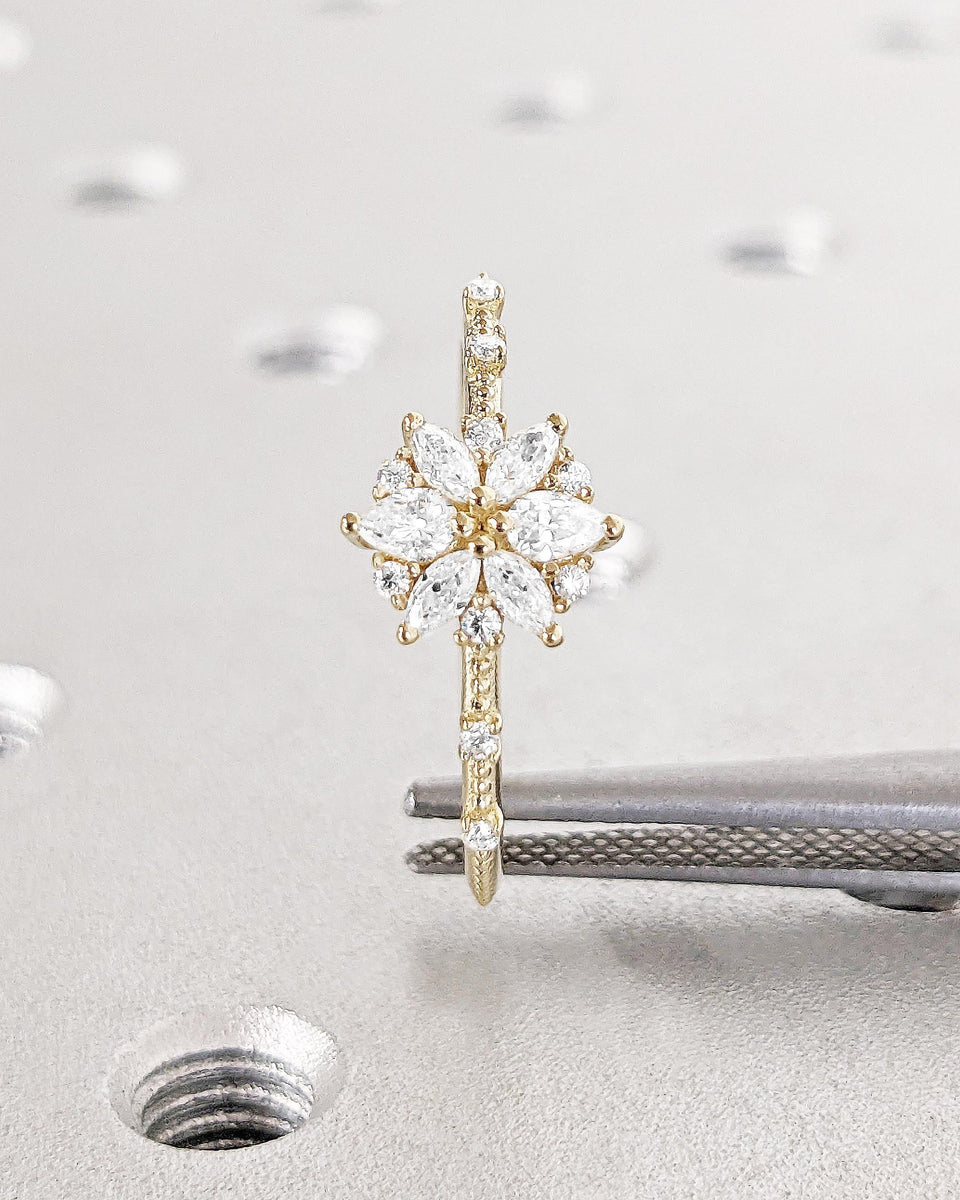 14K Gold Flower Diamond Engagement Ring / Natural Diamond Flower Clust ...