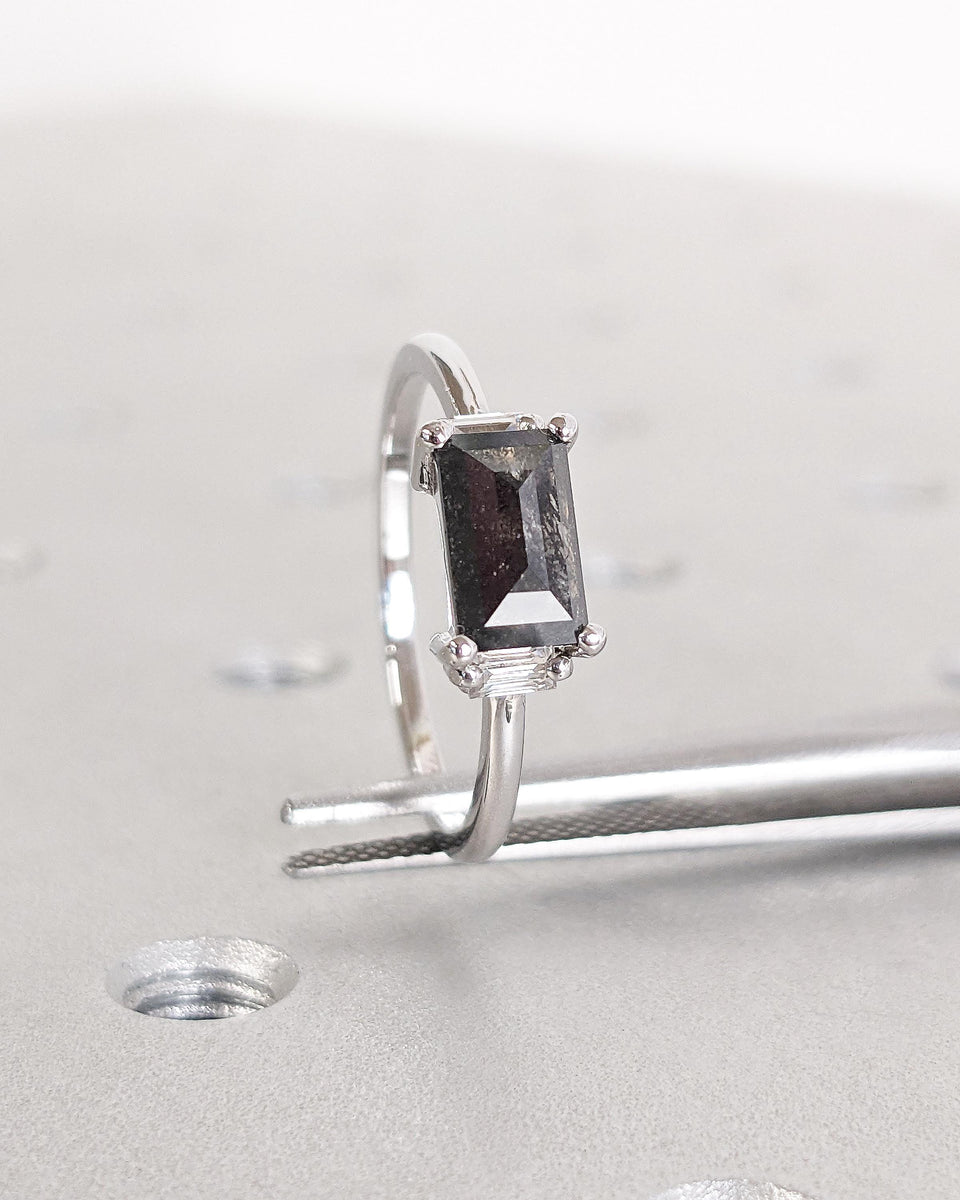Salt and Pepper Diamond Ring, Vintage Emerald Baguette Ring, Raw Diamo ...