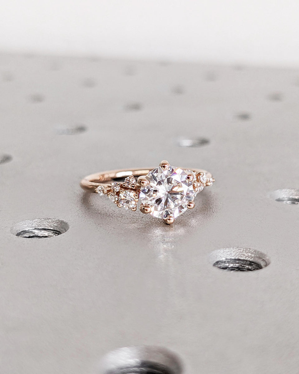 14K Rose Gold Round CVD Lab Grown Diamond Cluster Women Engagement Rin ...