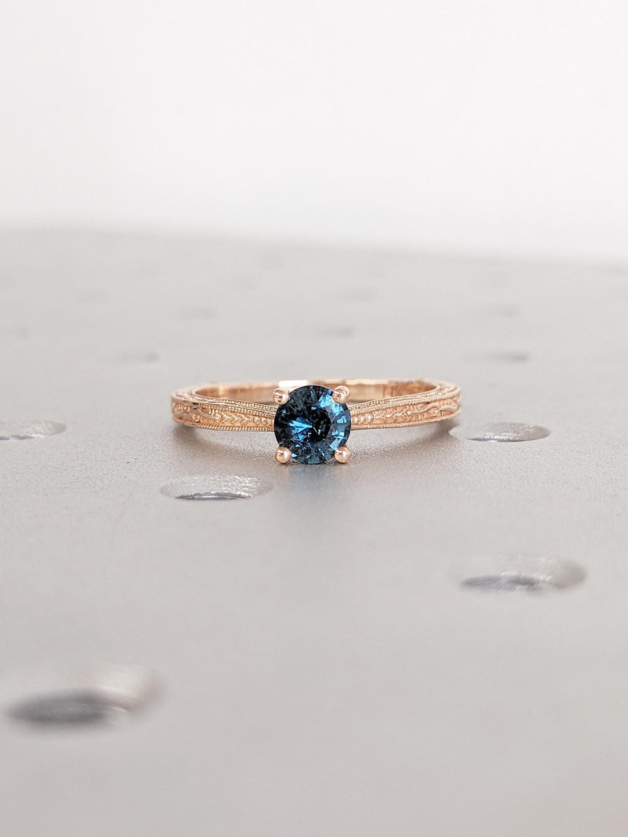 Round Peacock Sapphire Ring, 14k Rose Gold Engagement Ring, Vintage So ...