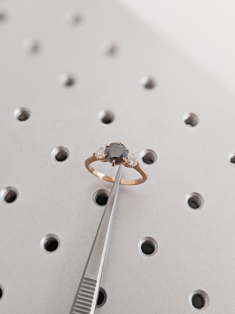 Unique 14K Solid Rose Gold Salt and Pepper 3-Stone White Diamond Ring ...