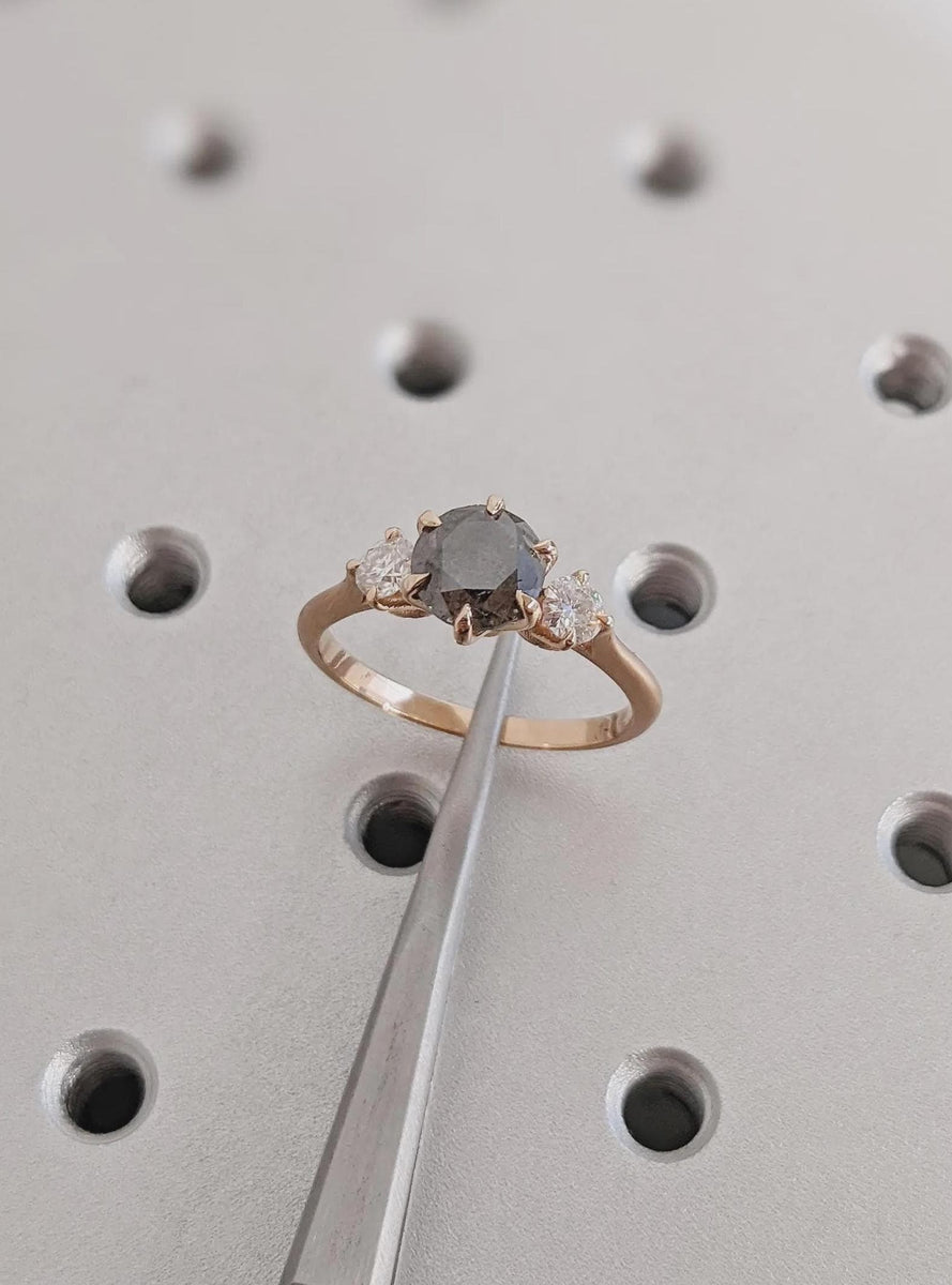 Unique 14K Solid Rose Gold Salt and Pepper 3-Stone White Diamond Ring ...