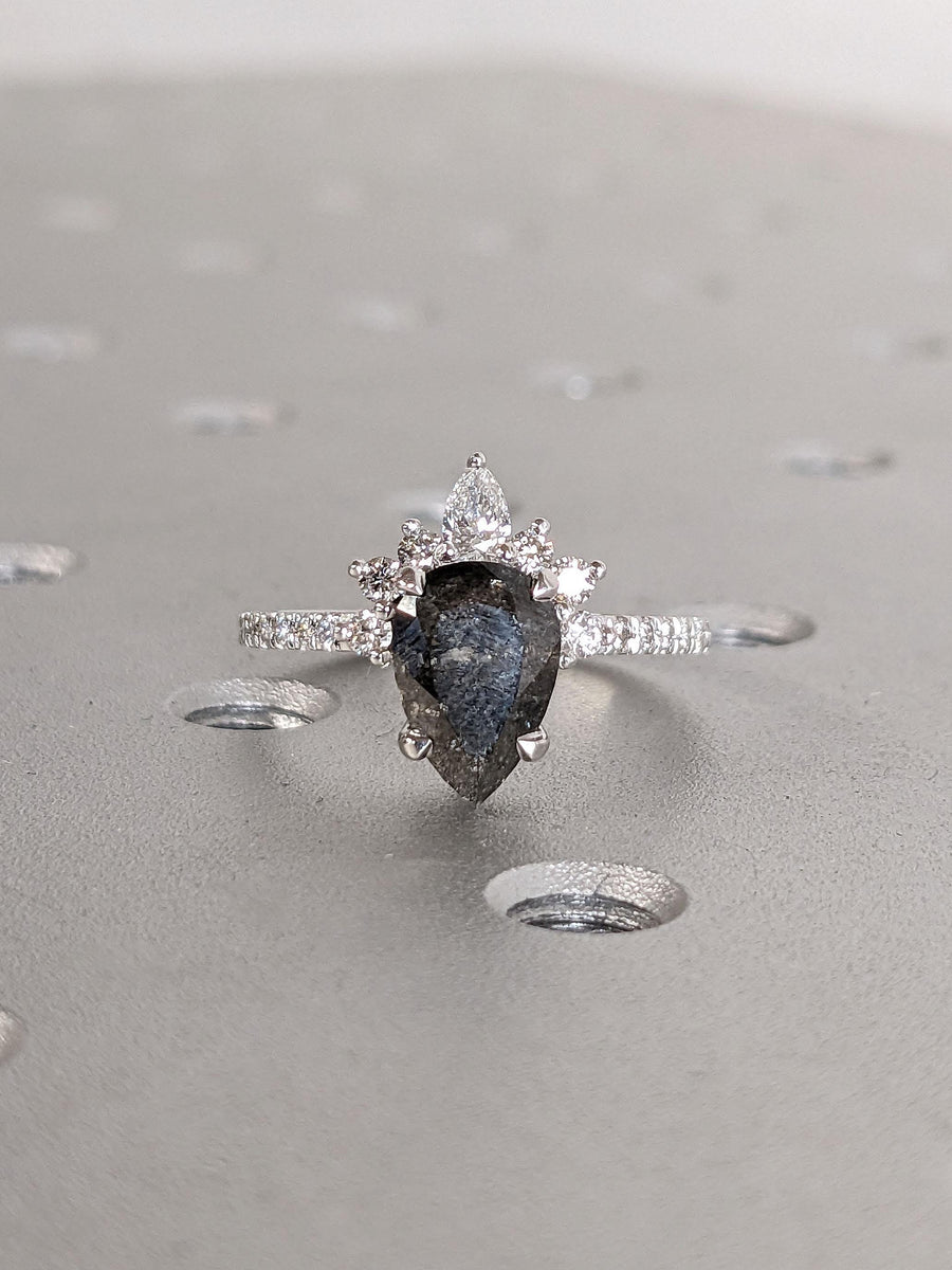 Natural Grey Diamond Engagement Ring | 18k White Gold Unique Crown Sha ...
