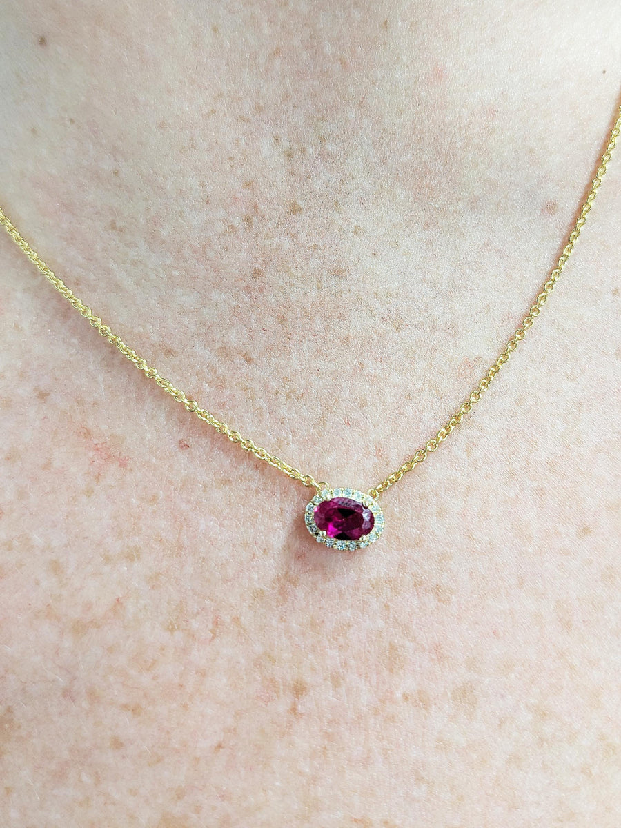 14K Yellow Gold Oval Ruby Pendant, Lab Grown Ruby Necklace with Diamon ...