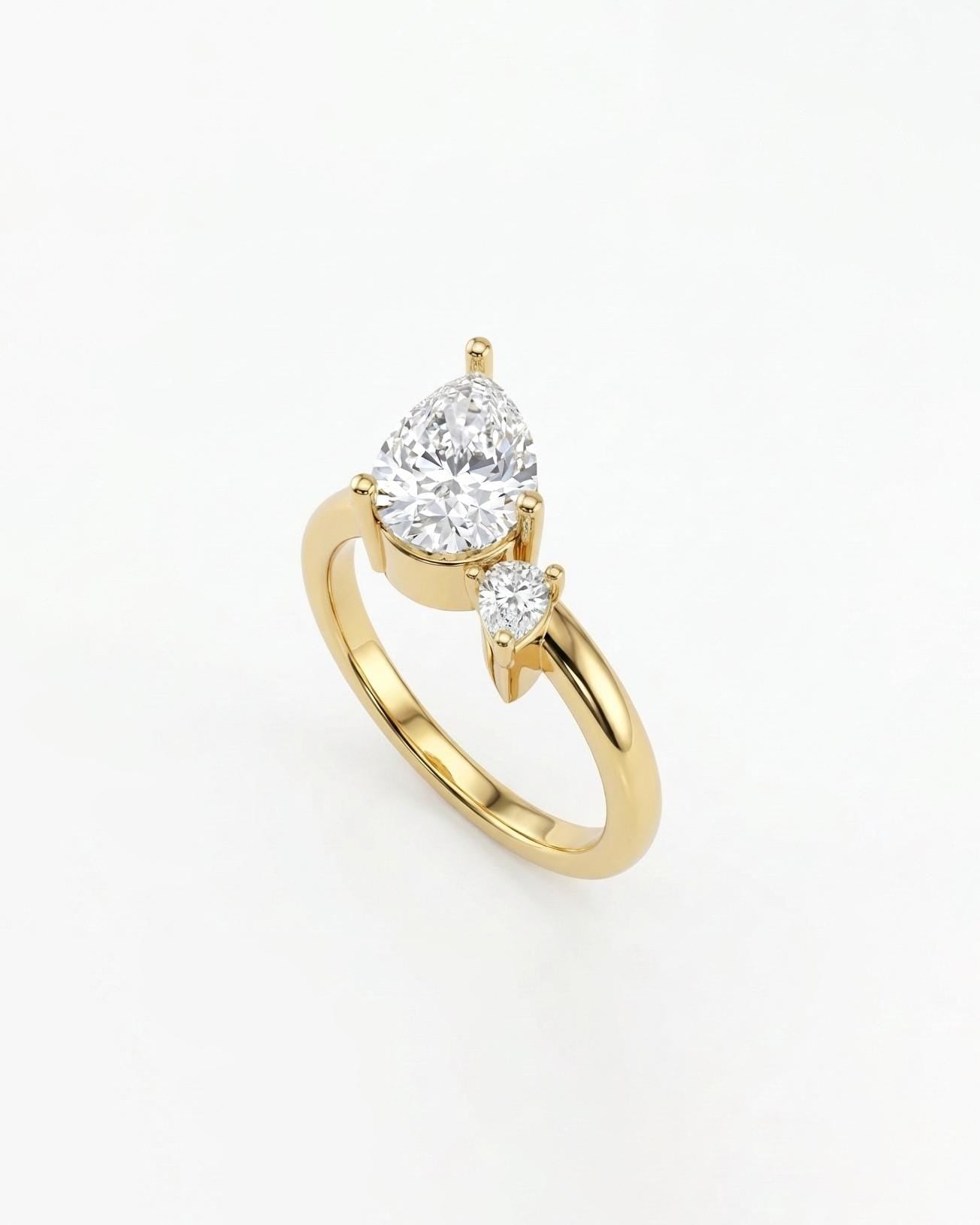 Art Deco Lab Diamond Engagement Ring, Dainty 14k Yellow Gold Pear Cut ...