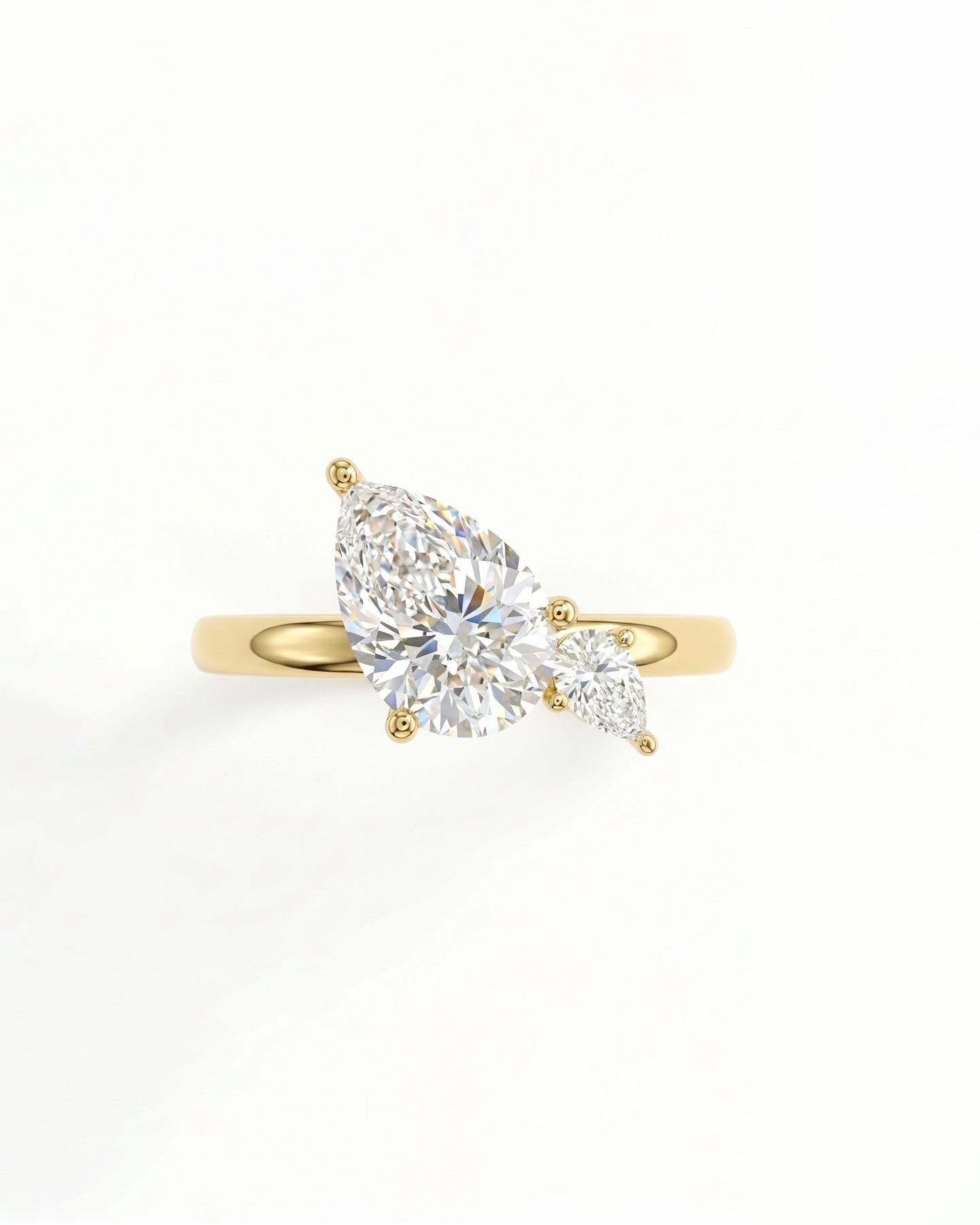 Art Deco Lab Diamond Engagement Ring, Dainty 14k Yellow Gold Pear Cut ...