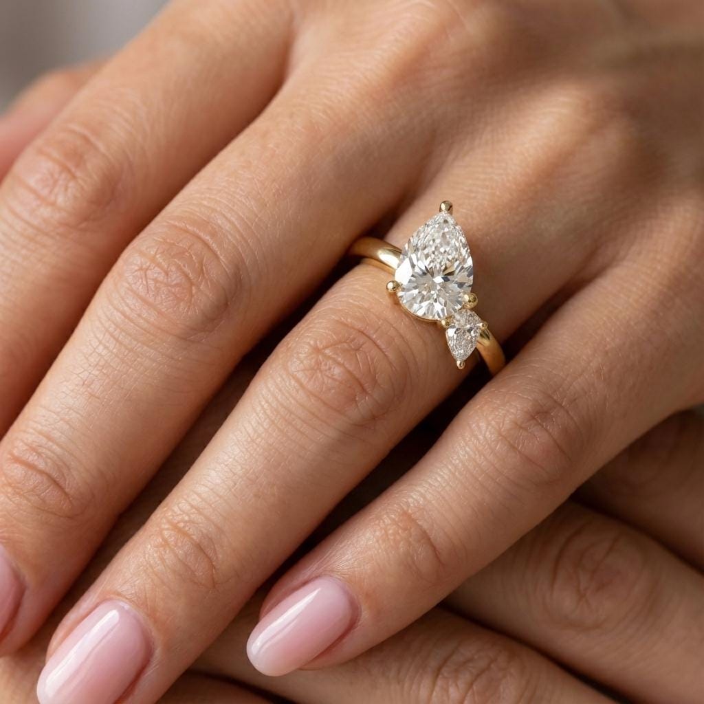 Art Deco Lab Diamond Engagement Ring, Dainty 14k Yellow Gold Pear Cut ...