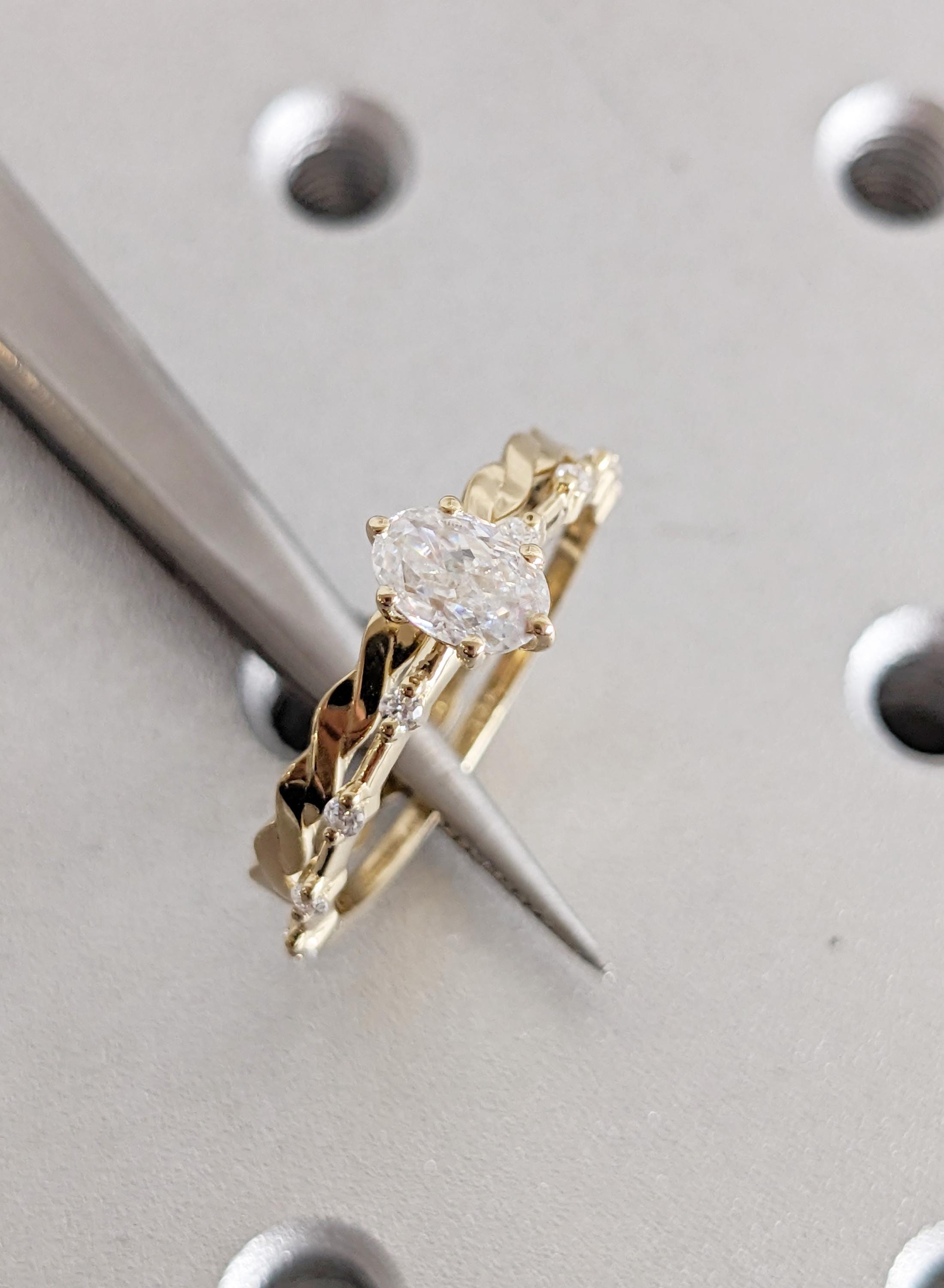 Oval Moissanite Engagement Ring Set, Dainty 14K Yellow Gold Bridal Set ...