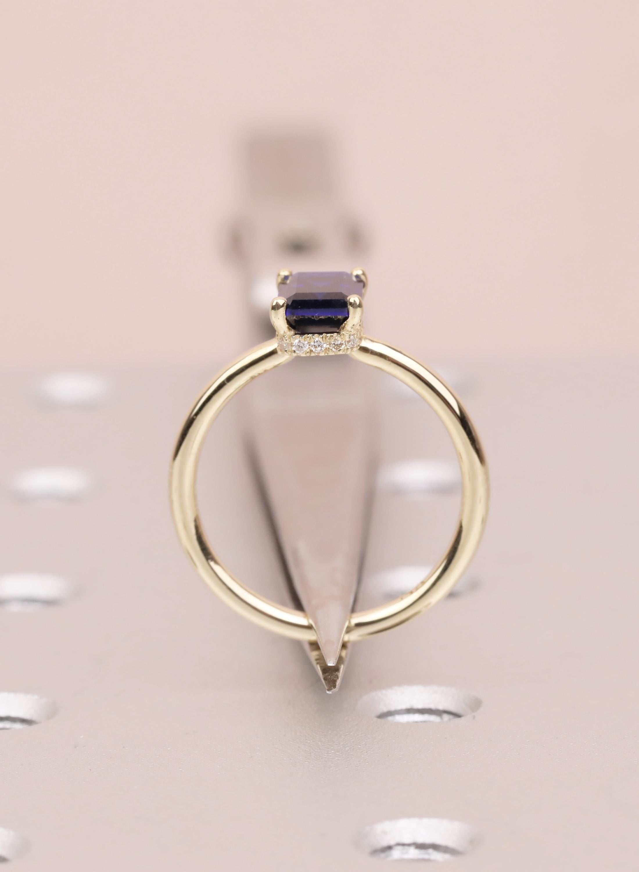 Emerald Cut Blue Sapphire Ring, 14k Gold Hidden Halo Diamond Bezel Rin ...