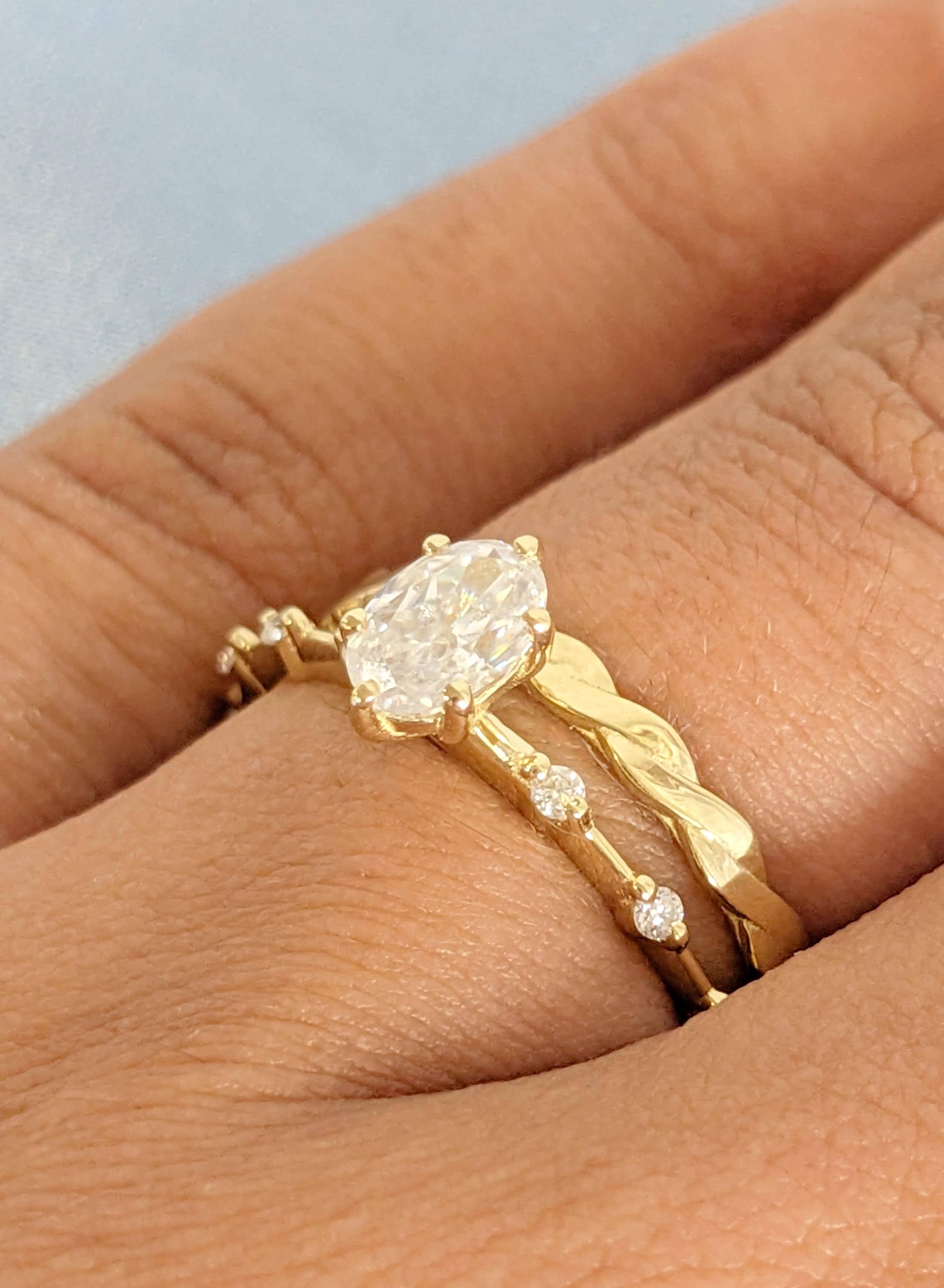 Oval Moissanite Engagement Ring Set, Dainty 14K Yellow Gold Bridal Set ...