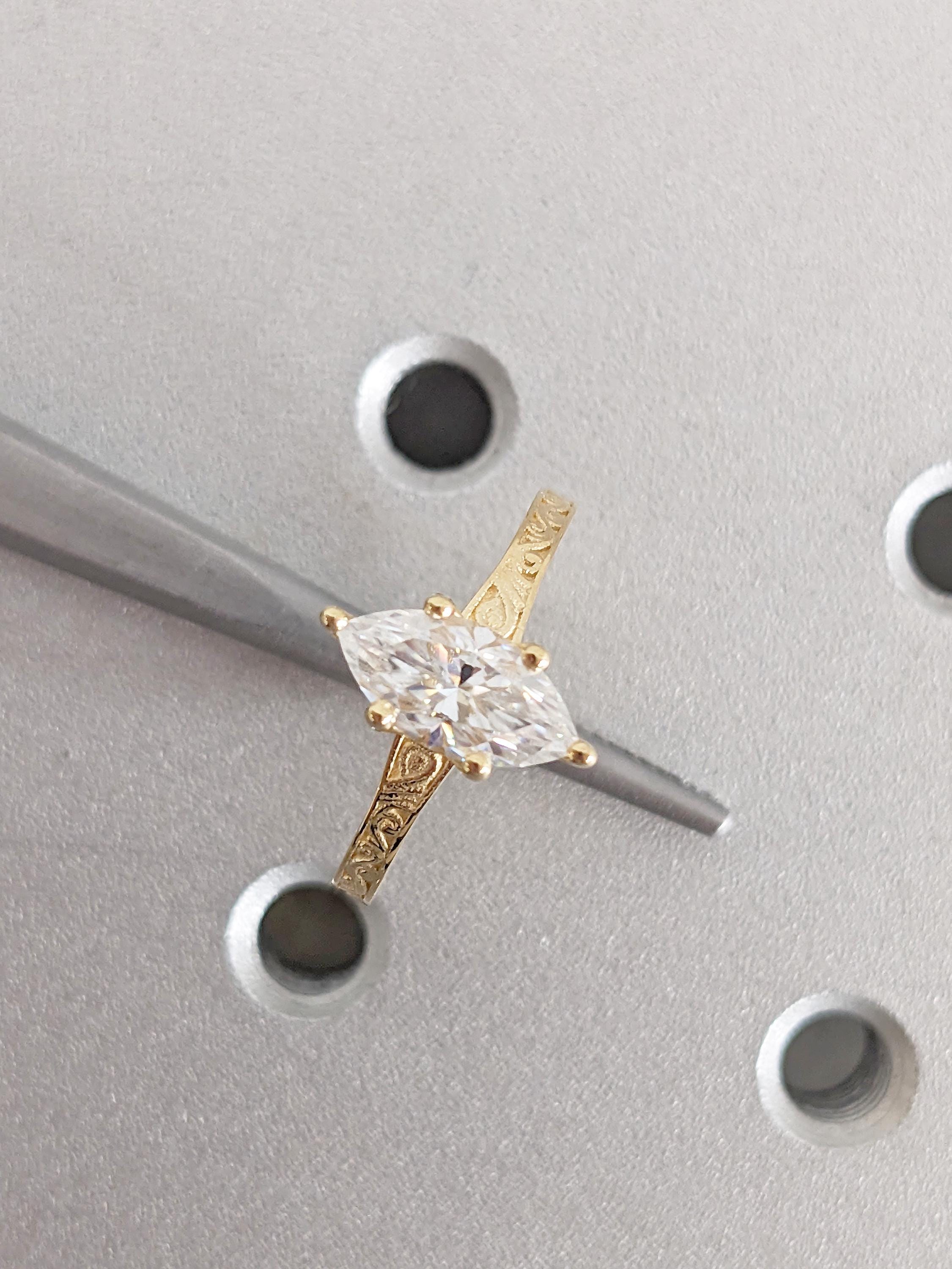 18K Yellow Gold Marquise Lab Diamond Engagement Ring, Solid Gold Vinta ...