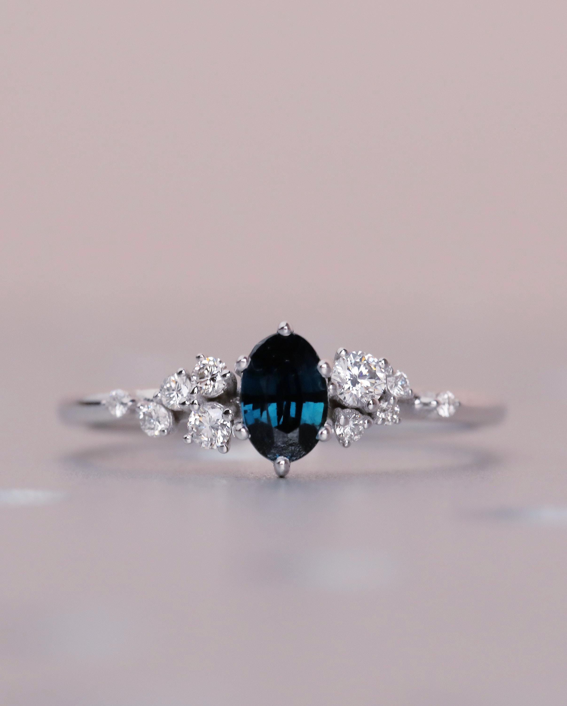 Vintage Oval Natural Blue Sapphire Wedding Ring, 14K Solid White Gold ...