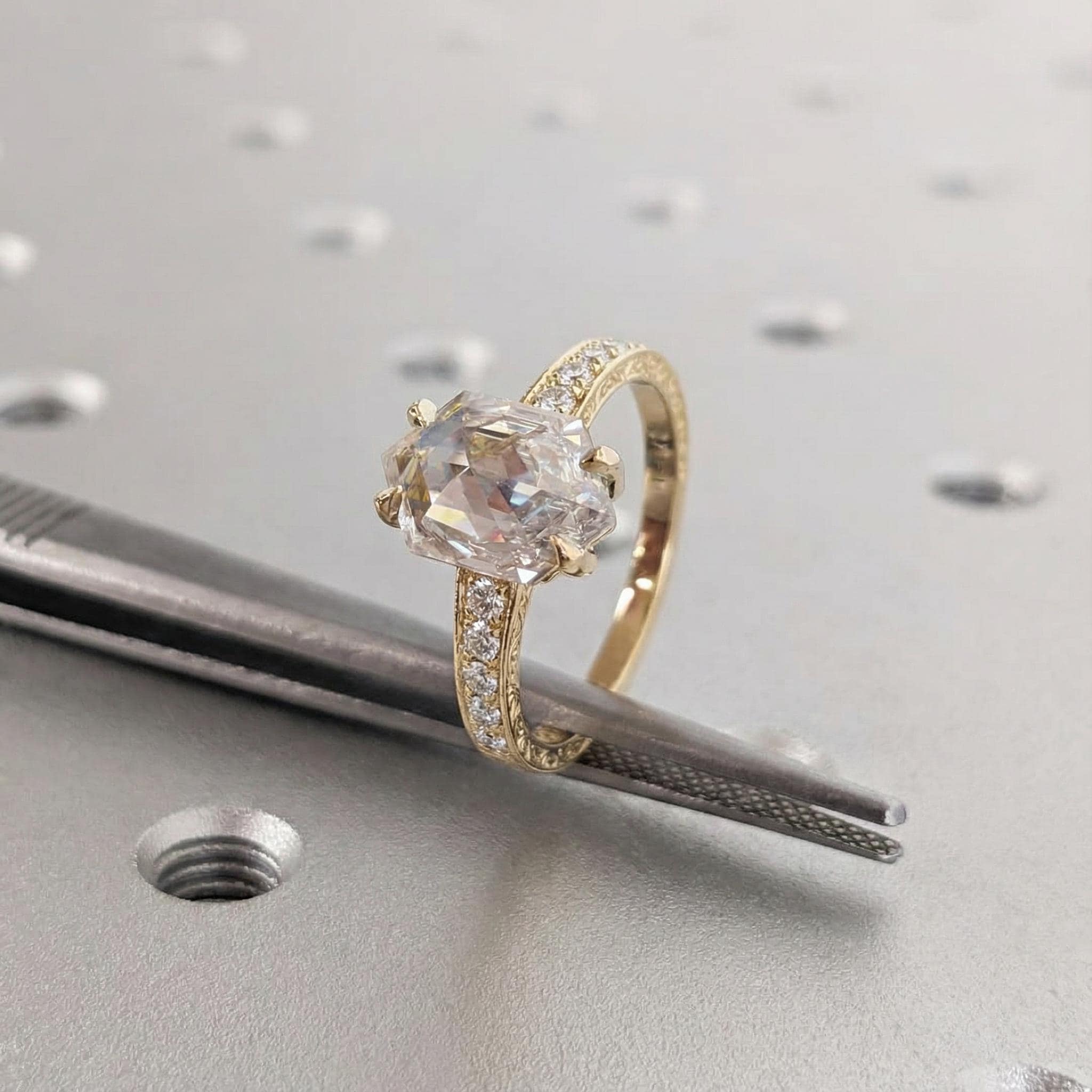 18k Solid Gold Filigree Ring, Hexagon Cut Lab Diamond Engagement Ring ...