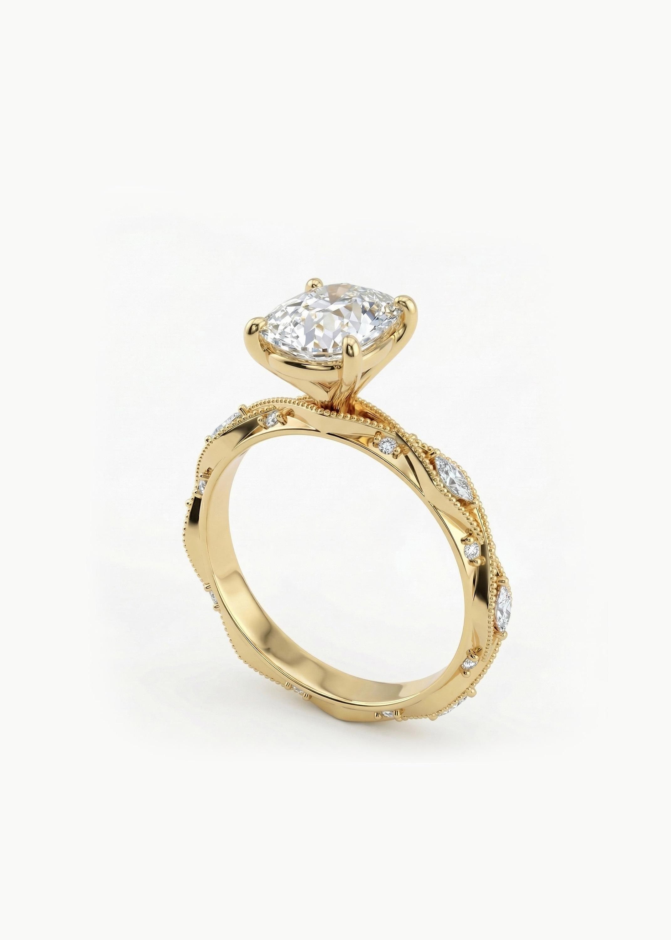 Old Mine Cut Moissanite Vintage Engagement Ring: 18K Yellow Gold Milgr ...