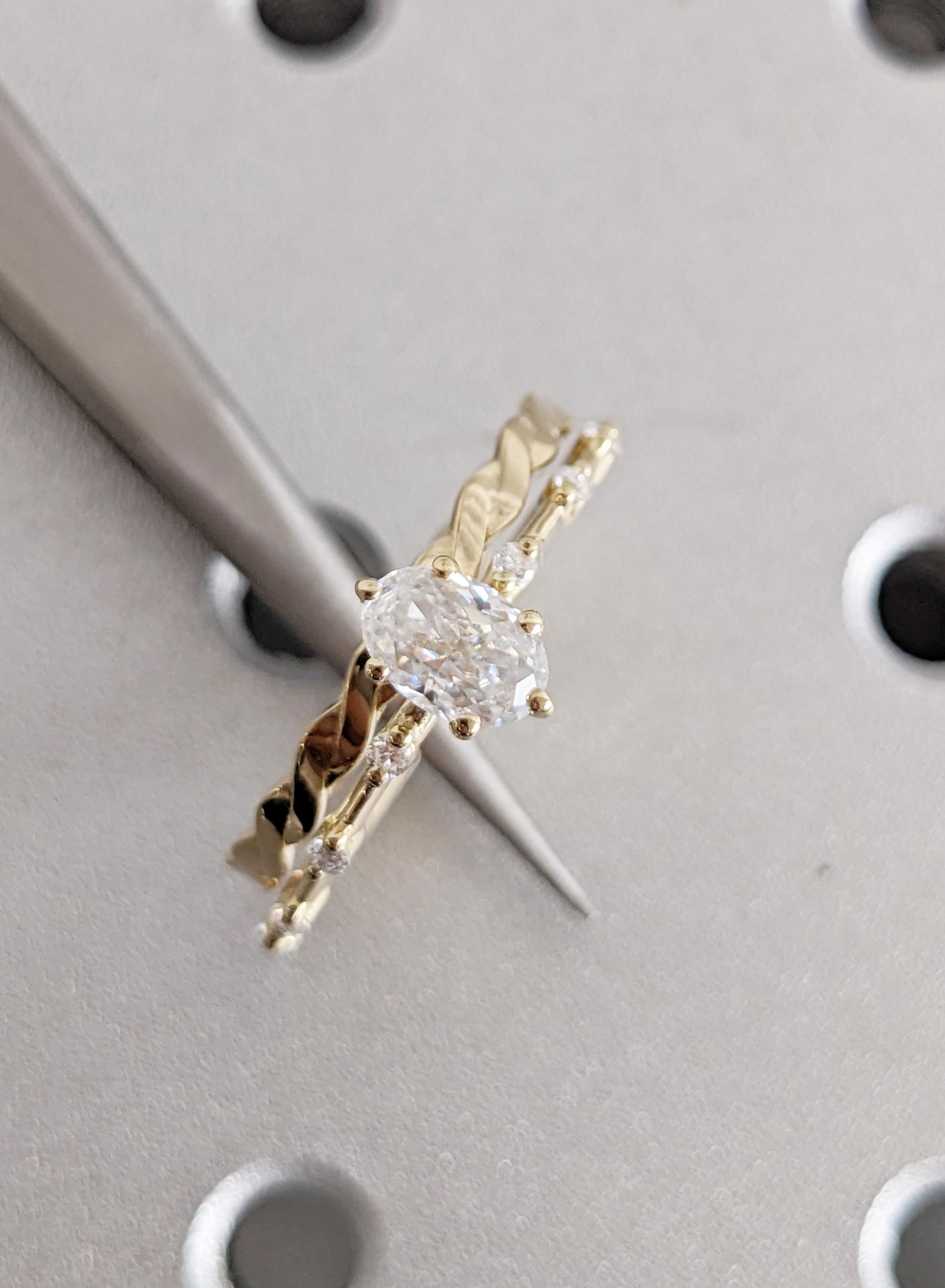 Oval Lab Diamond Bridal Set, 14K Yellow Gold Set with Matching Ring, J ...