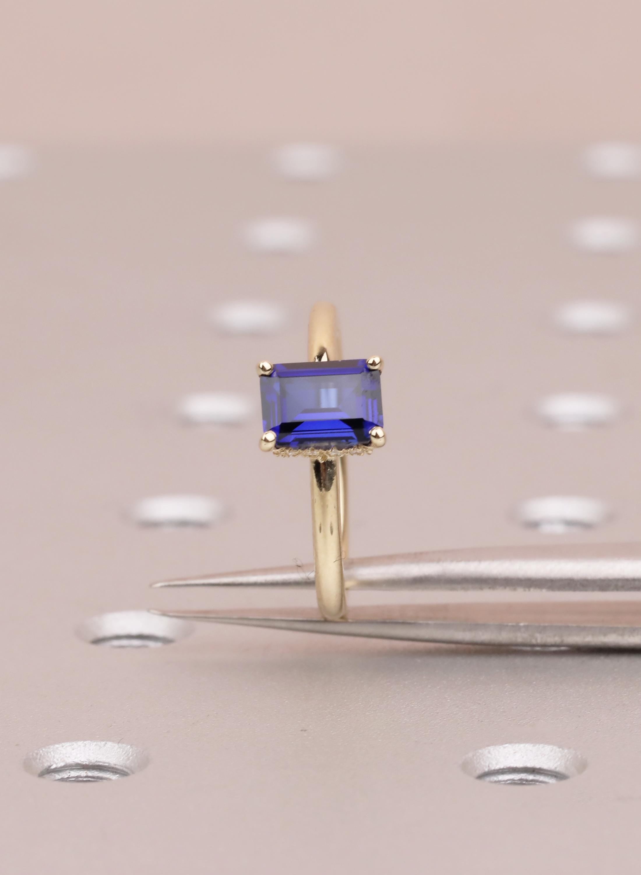 Emerald Cut Blue Sapphire Ring, 14k Gold Hidden Halo Diamond Bezel Rin ...