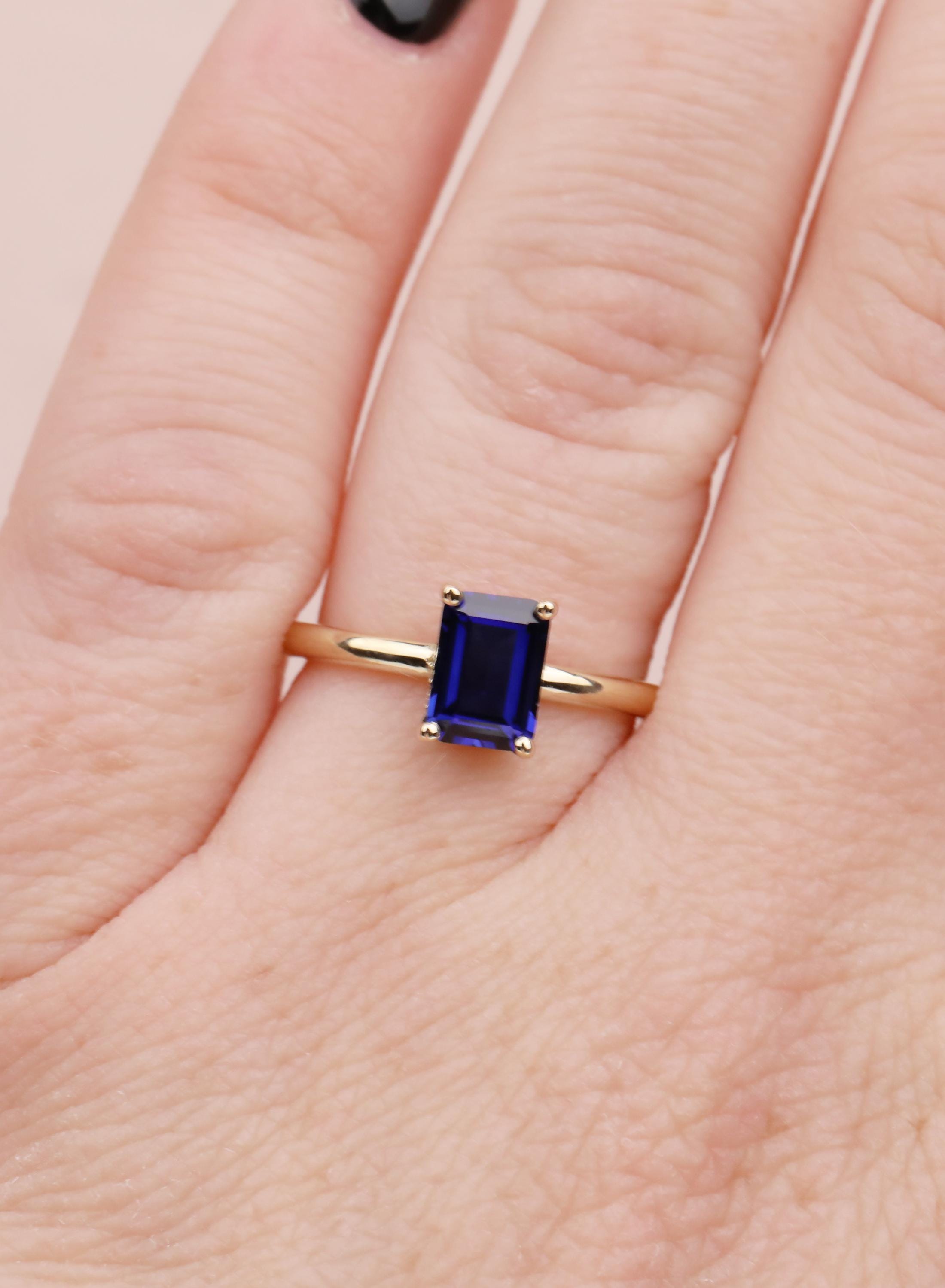 Emerald Cut Blue Sapphire Ring, 14k Gold Hidden Halo Diamond Bezel Rin ...