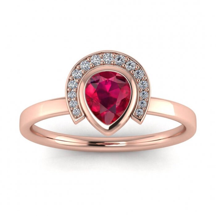 14k rose gold Cato halo pear ruby and diamond ring, pear shaped bezel ...