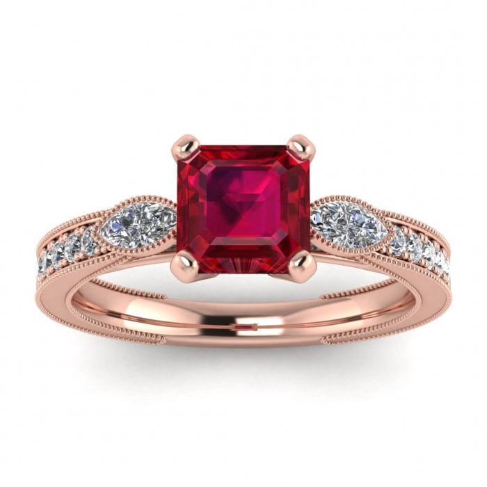 14k rose gold Allegria shiny milgrained asscher cut ruby and diamond r ...