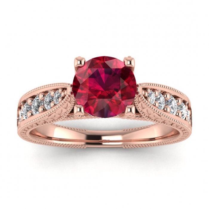 14k rose gold Elke vintage floral engraving ruby and diamond ring (1/3 ...