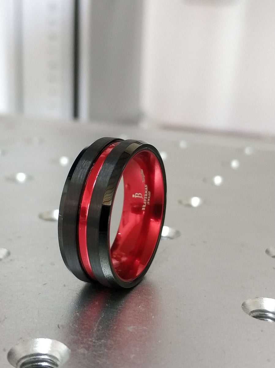 Black Tungsten Men's Thin Red Line Band Ring Red Tungsten Ring Custom ...