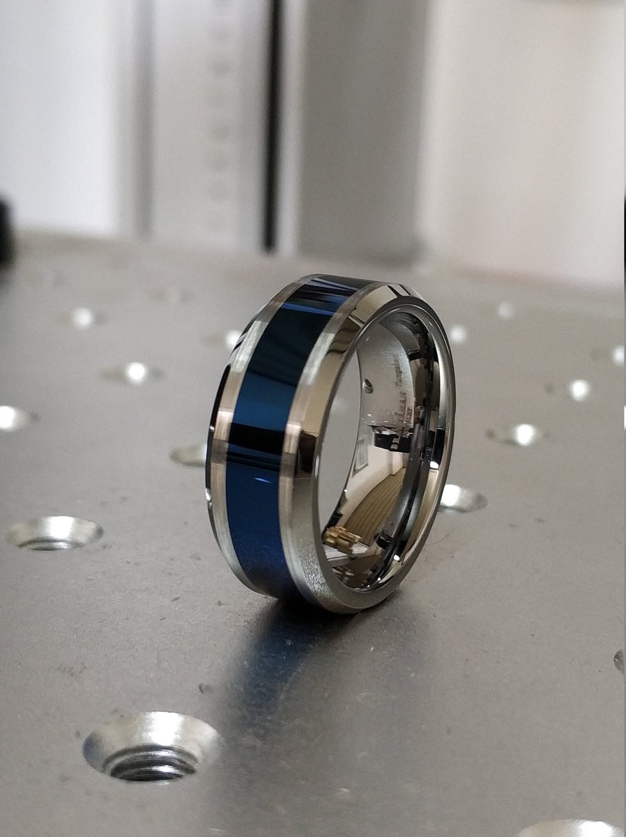 Shiny Blue Tungsten Ring, Blue Tungsten Band, Blue Wedding Ring, Tungs ...