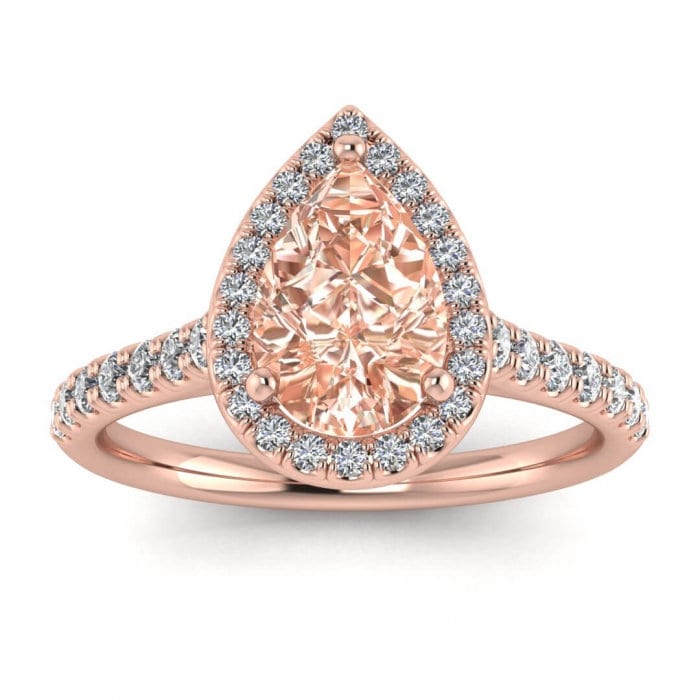14k Rose Gold Tear Of Joy Pear Halo Pear Morganite And Diamond Ring, S ...
