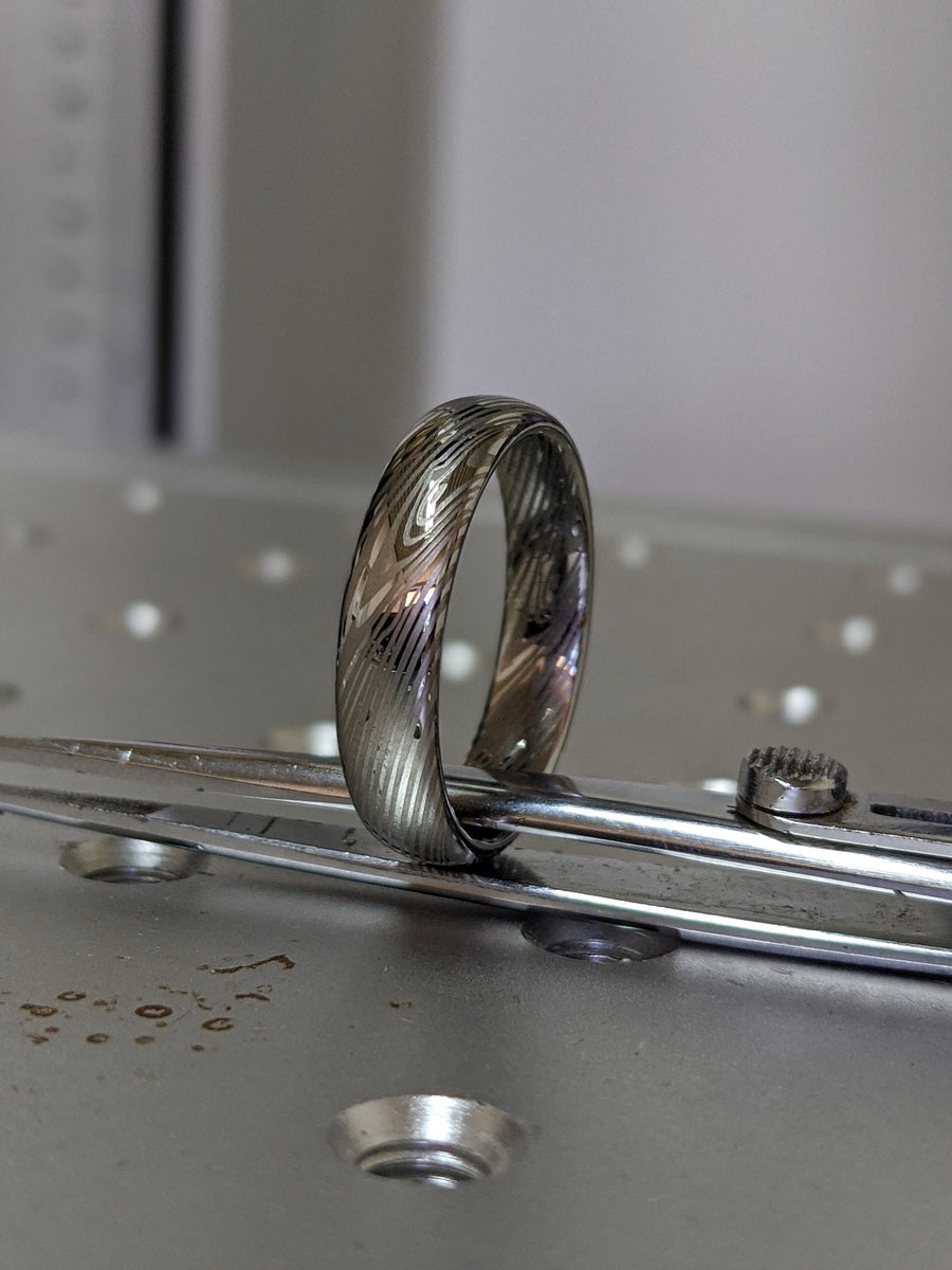 Shiny Mokume Gane Tungsten - Forged Ring - Mokume Band - Damascus Ring ...