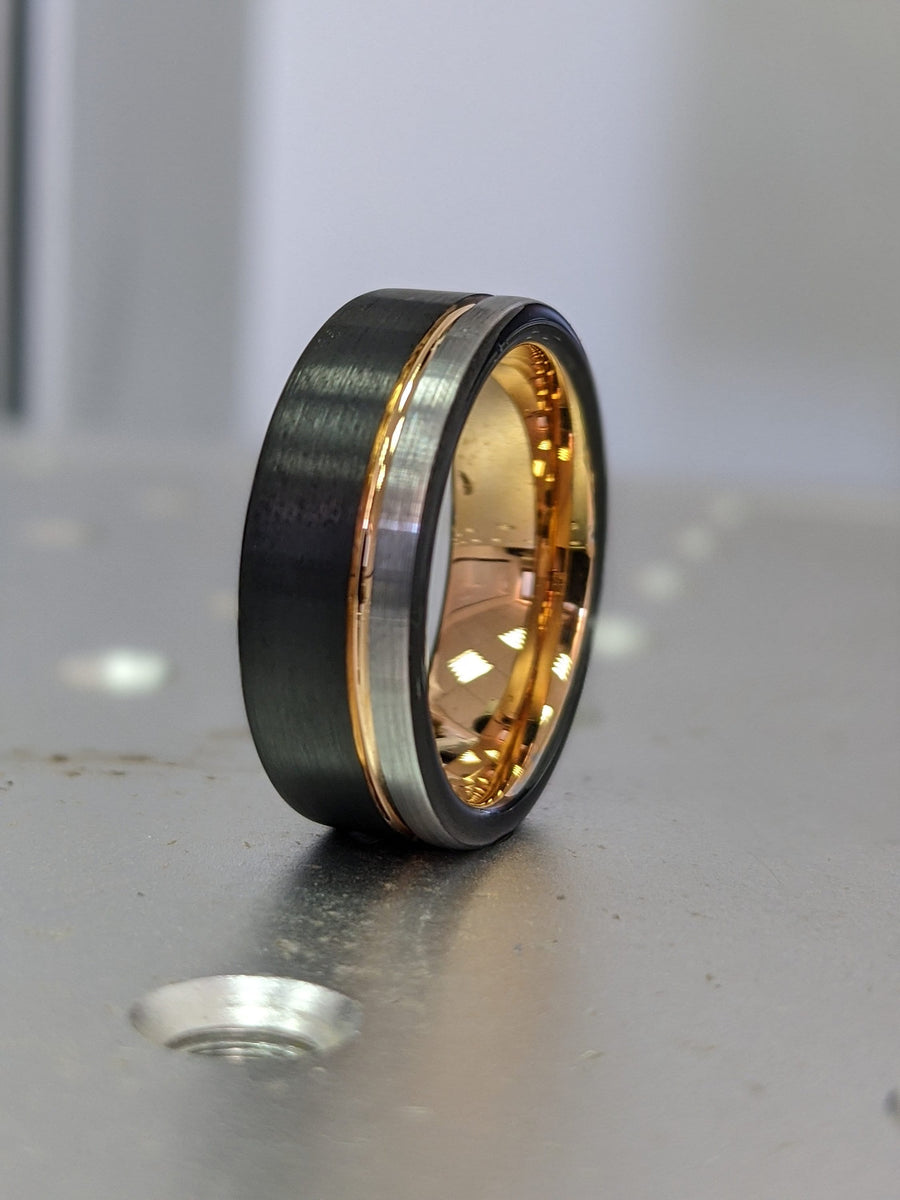 Tungsten Ring Black and Silver Brushed with Rose Gold Accent, Mens Rin ...