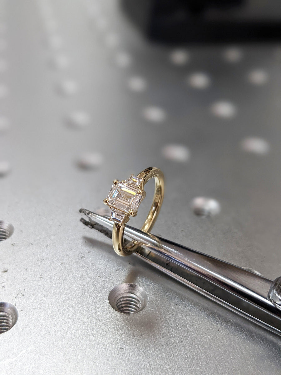 Three Stone Emerald Cut Moissanite Engagement Ring, Side Trapezoid Moi ...