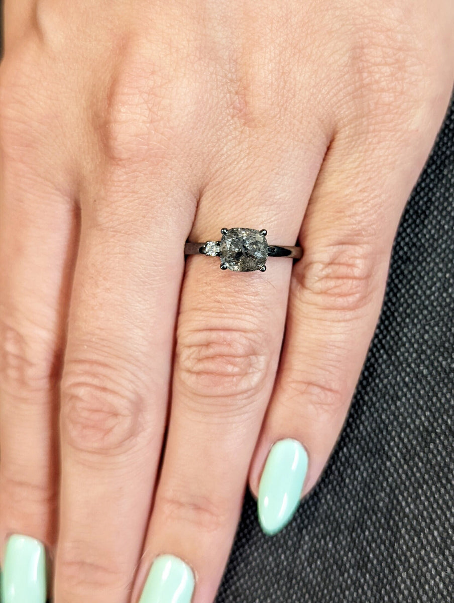 Salt And Pepper Cushion Diamond Ring 14K Solid Rose White Yellow Gold ...