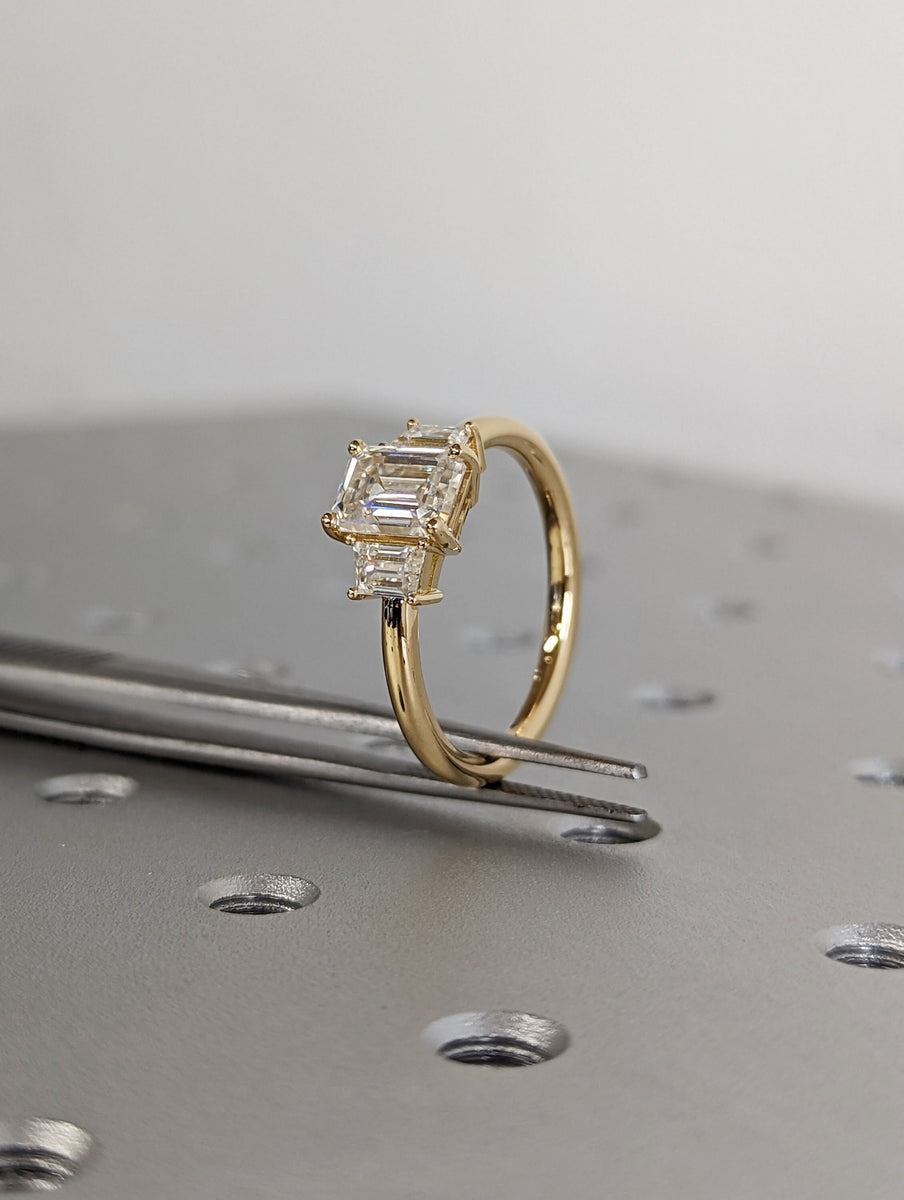 Three Stone Emerald Cut Moissanite Engagement Ring, Side Trapezoid Moi ...