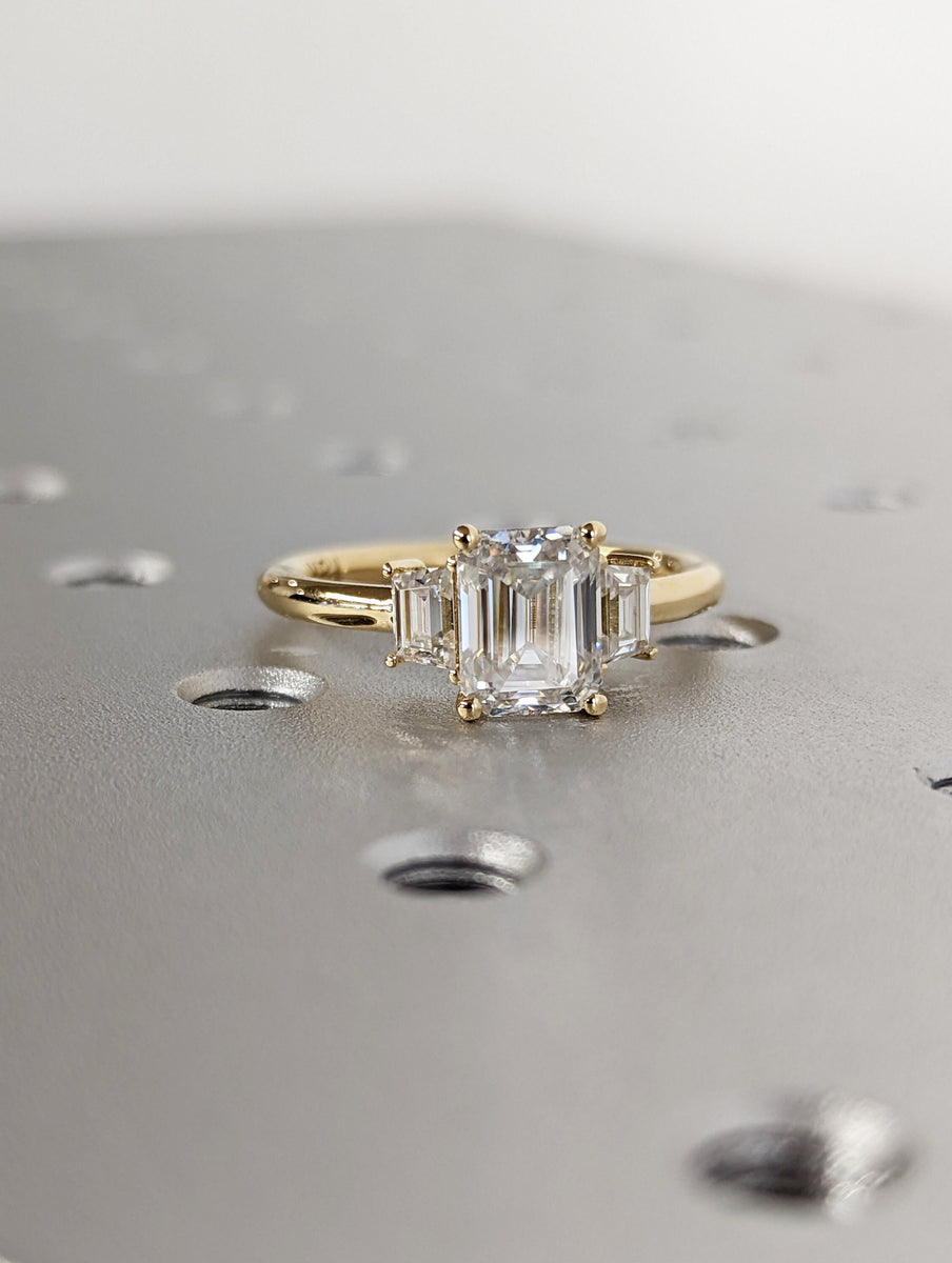 Three Stone Emerald Cut Moissanite Engagement Ring, Side Trapezoid Moi ...
