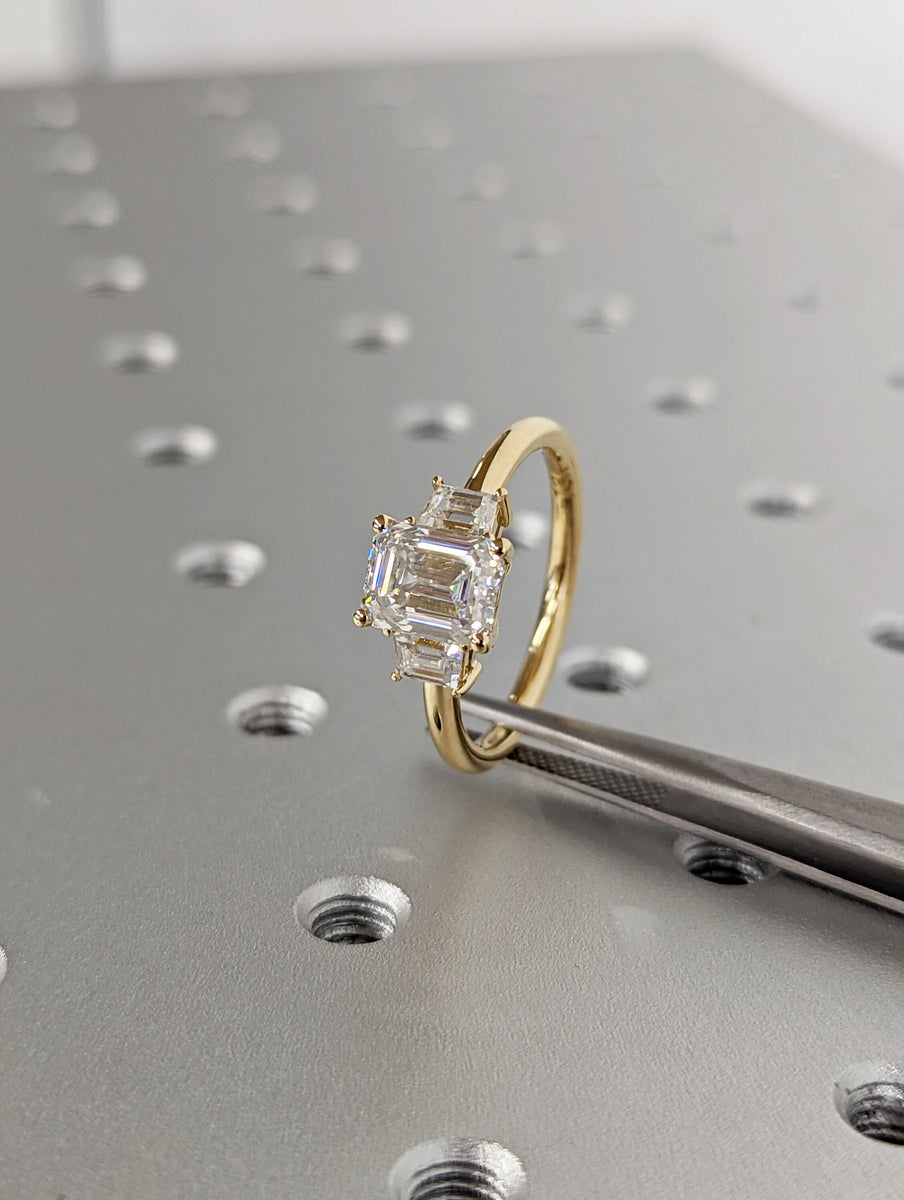 Three Stone Emerald Cut Moissanite Engagement Ring, Side Trapezoid Moi ...