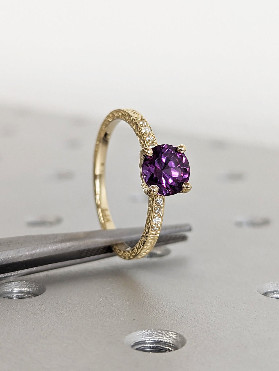 Vintage Lab Alexandrite ring rose gold ring Round cut wedding ring art ...