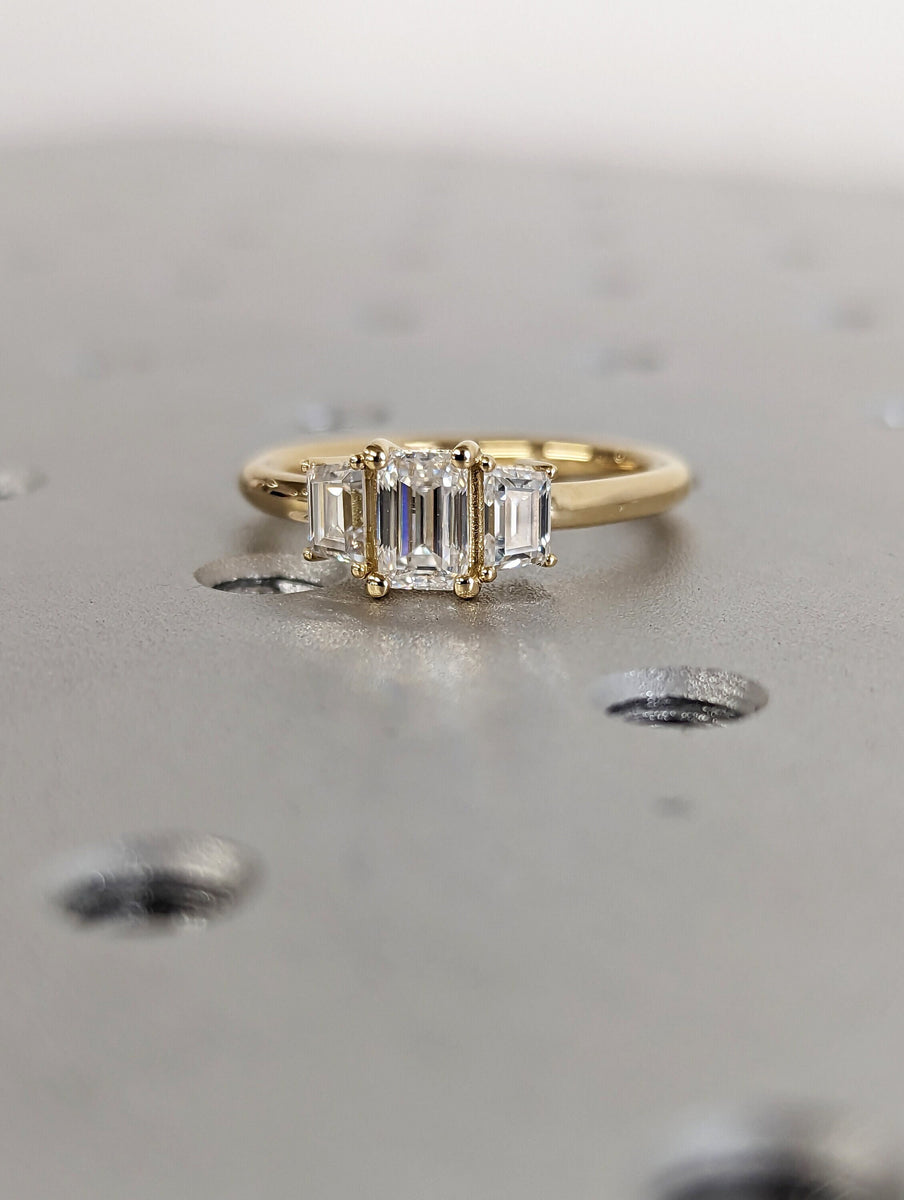 Three Stone Emerald Cut Moissanite Engagement Ring, Side Trapezoid Moi ...