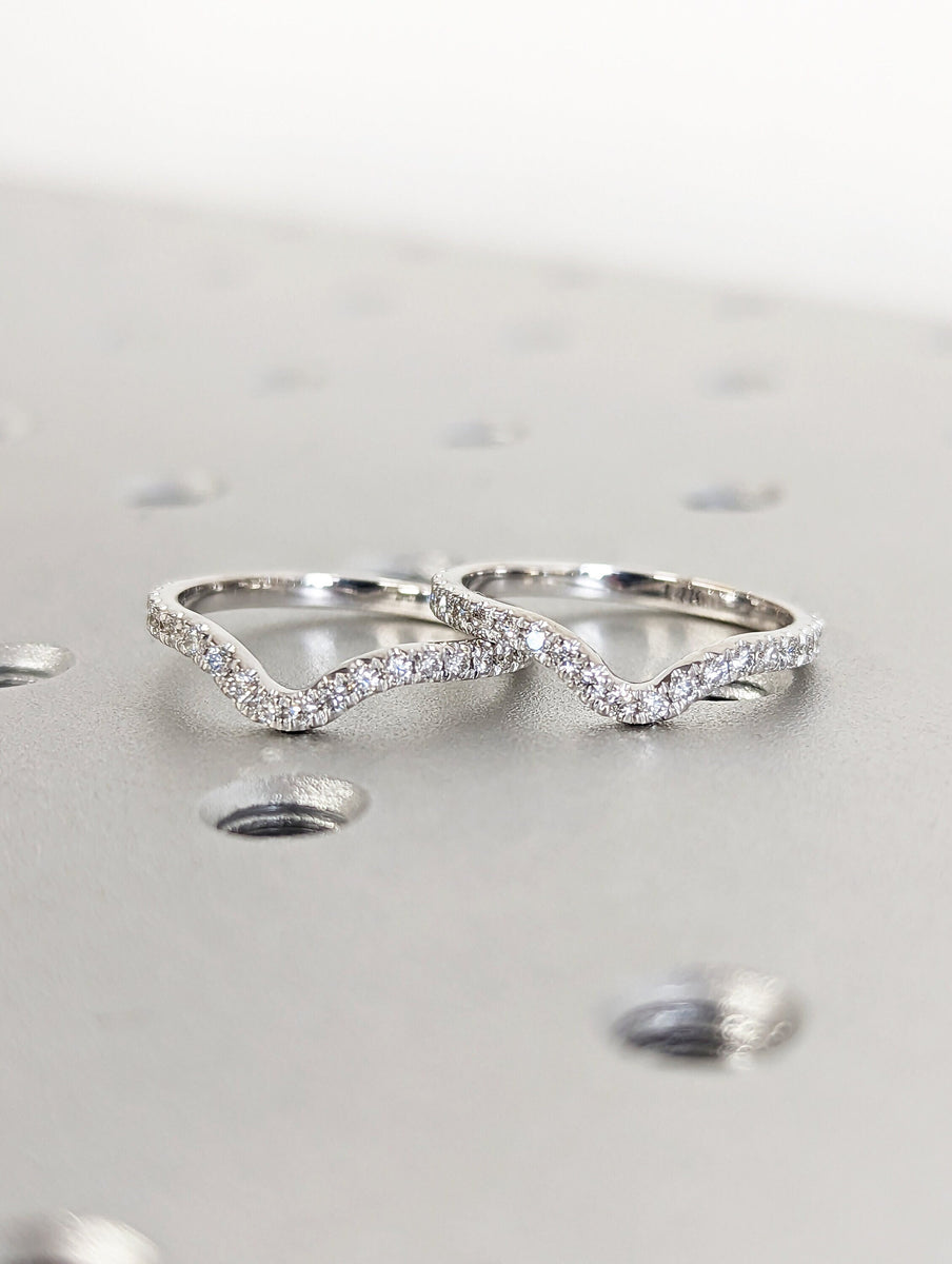 Curve Ring Set • Set of 2: Diamond Curved Wedding Ring • Thin Gold Min ...