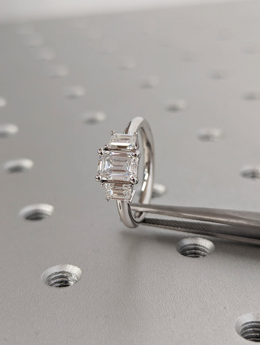 Three Stone Emerald Cut Moissanite Engagement Ring, Side Trapezoid Moi ...