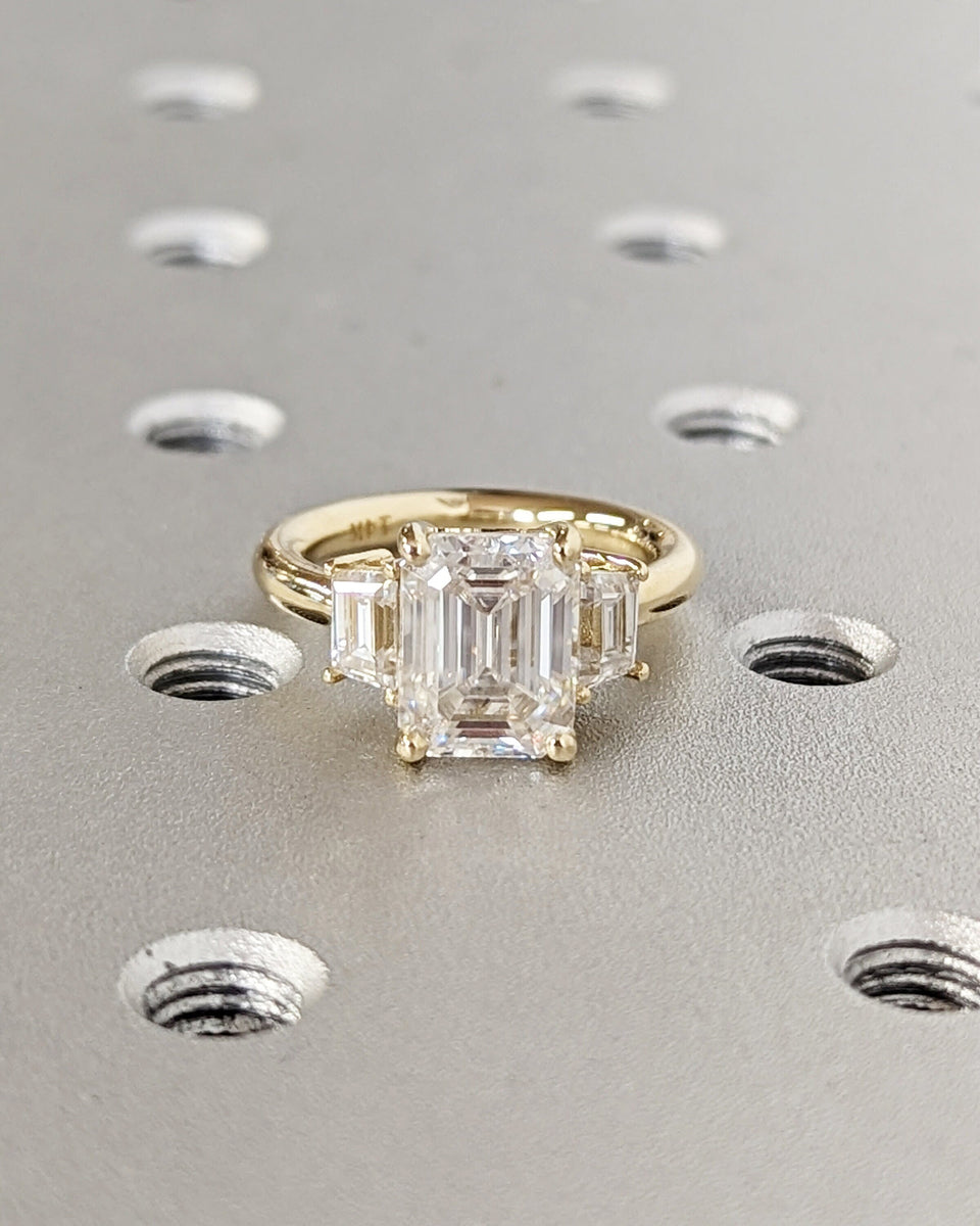 Three Stone Emerald Cut Moissanite Engagement Ring, Side Trapezoid Moi ...