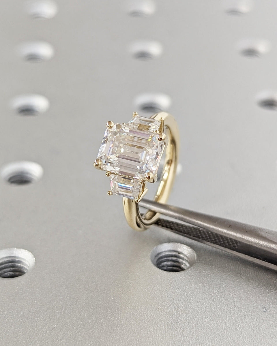 Three Stone Emerald Cut Moissanite Engagement Ring, Side Trapezoid Moi ...