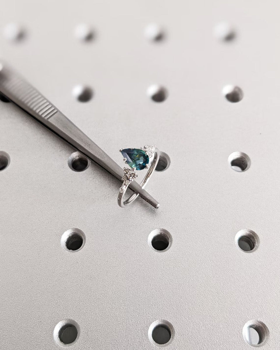 One of a Kind Montana Sapphire Ring, Pear Teal Sapphire, Snowdrift Clu ...